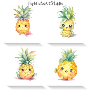 Watercolor Cute Kawaii Summer Pineapple Clipart Bundle, Commercial Use ...
