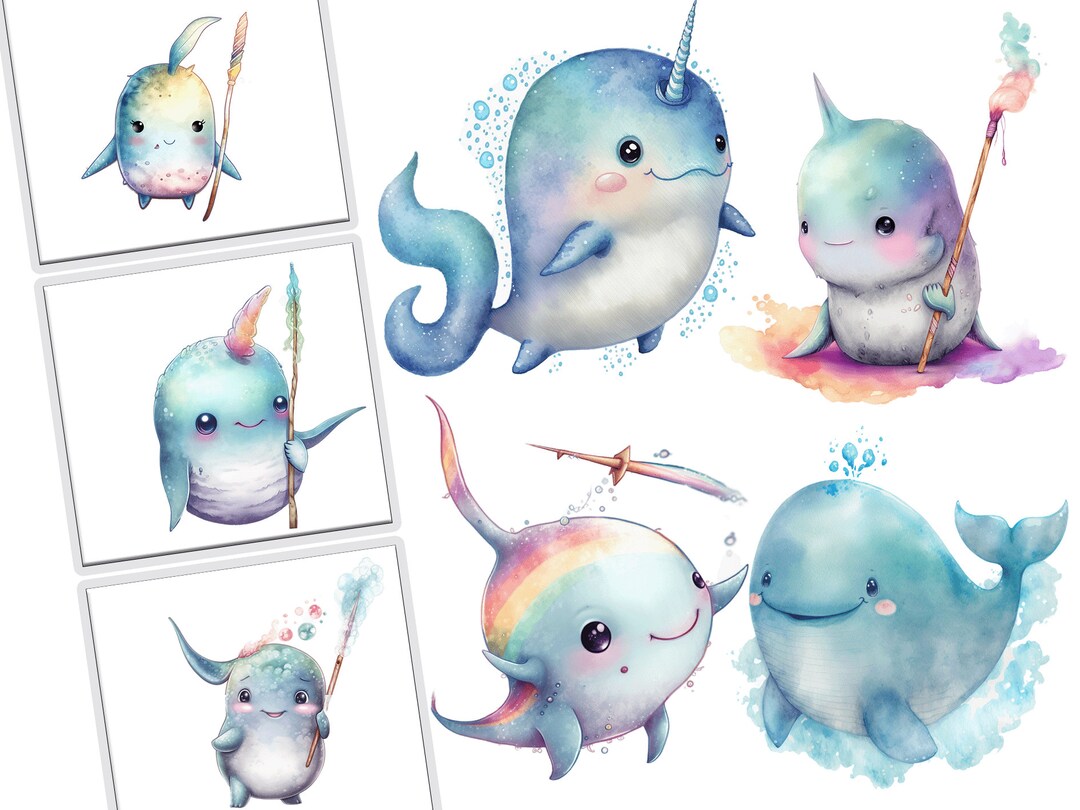 Whimsical Watercolor Narwhal Clipart Bundle Sublimation PNG Digital ...