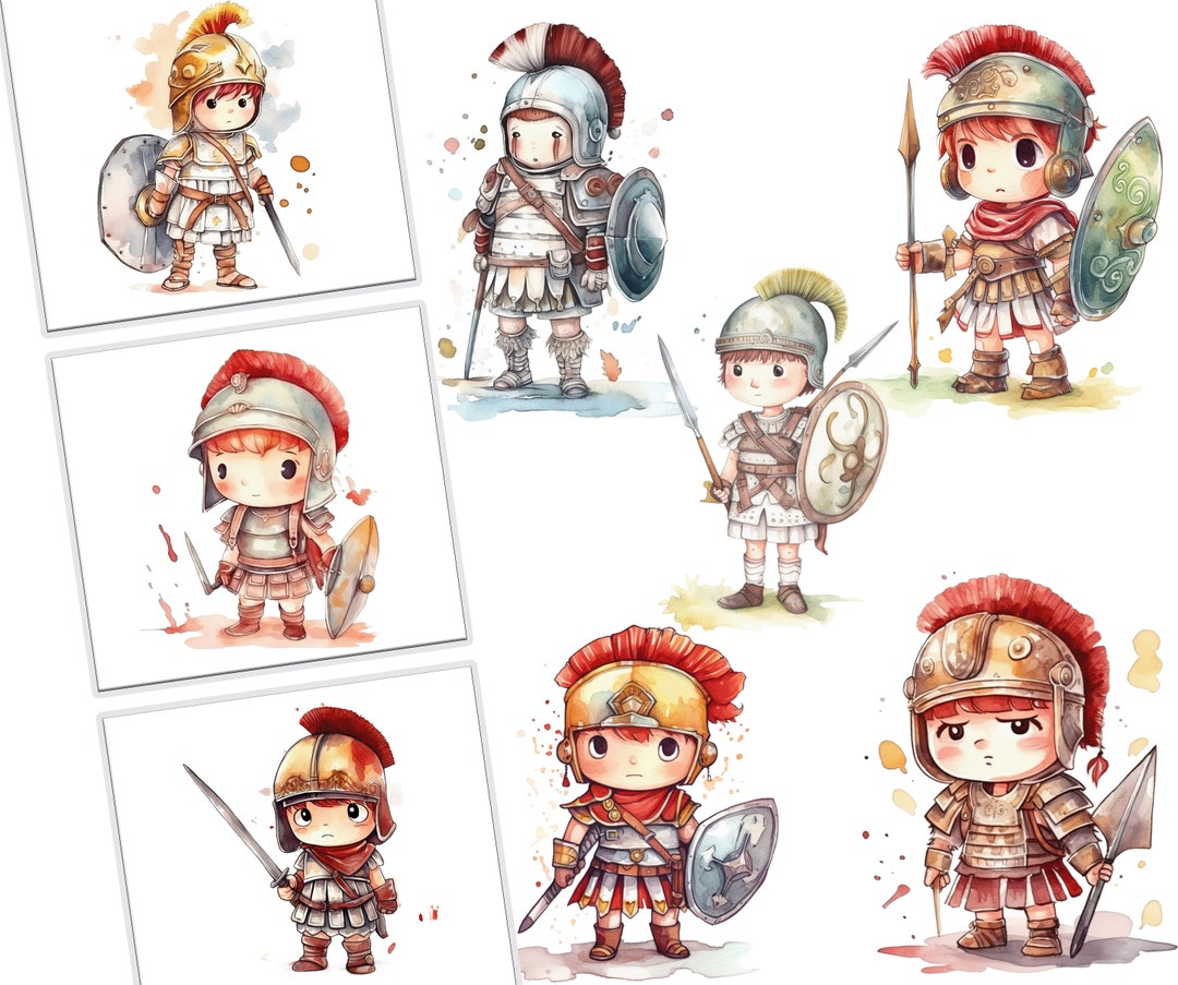 Watercolor Kawaii Roman Soldier Clipart Bundle for Commercial Use,roman ...
