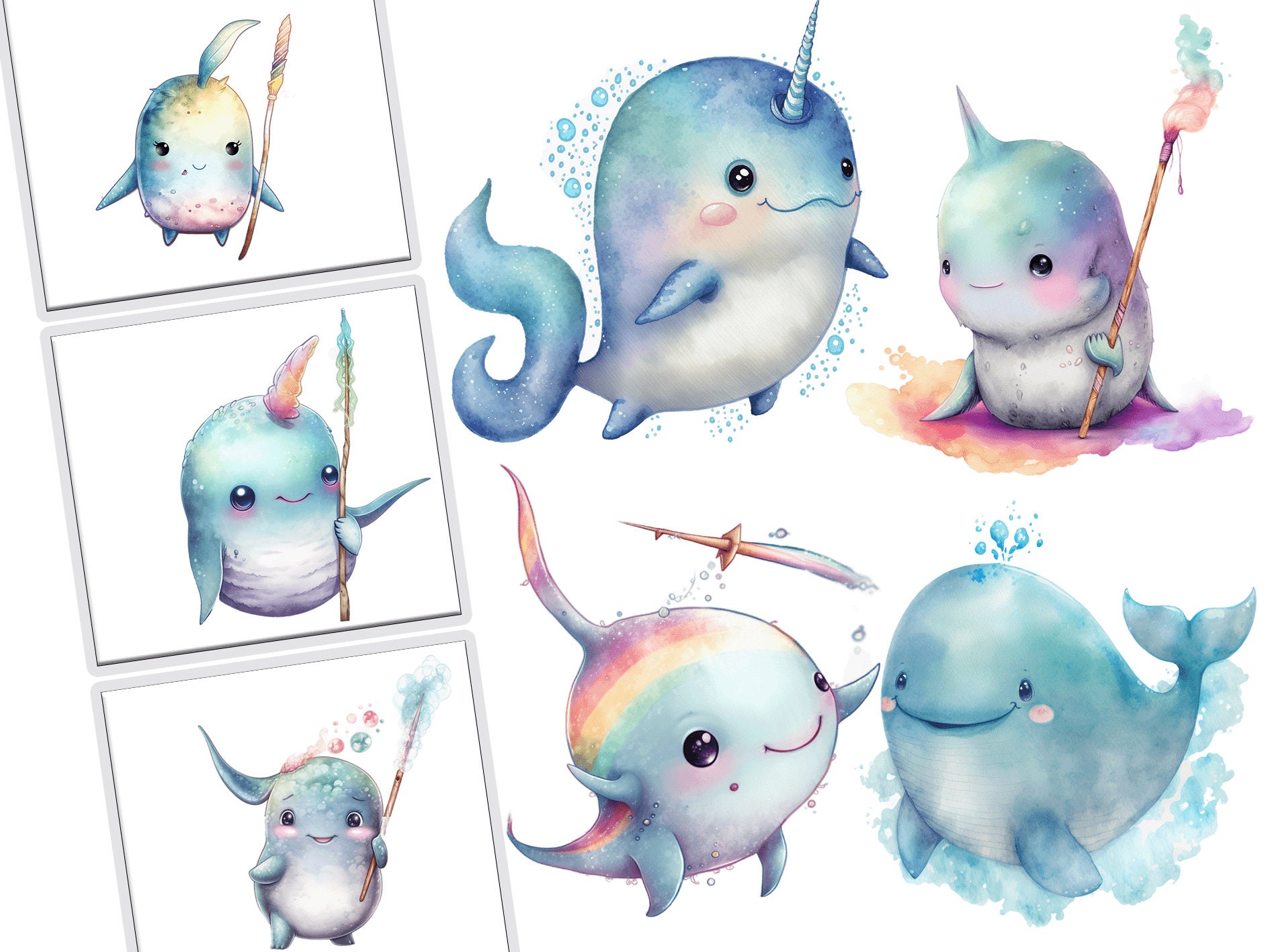 Whimsical Watercolor Narwhal Clipart Bundle Sublimation PNG Digital ...