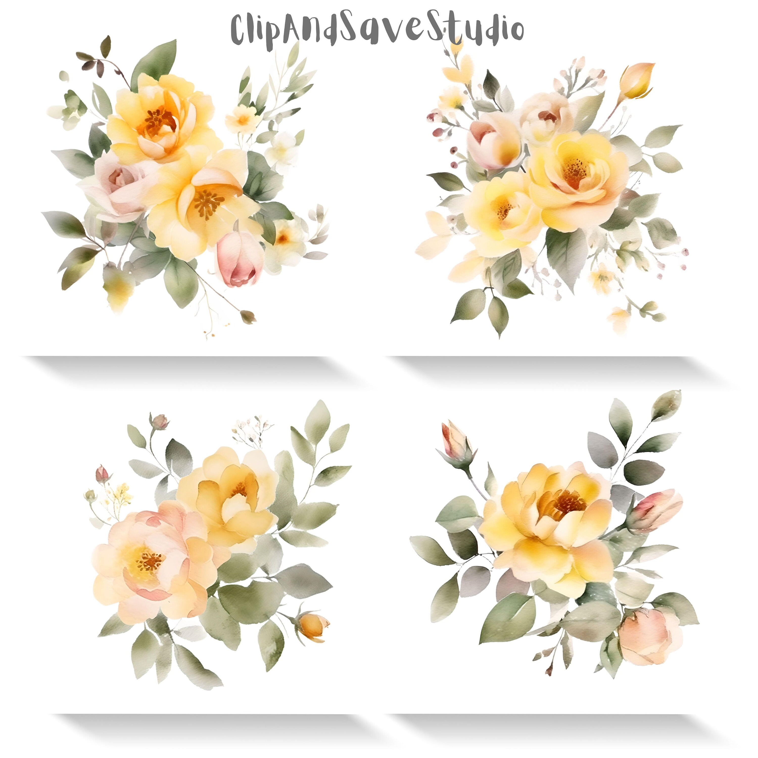 Yellow Rose Clipart Bundle, Watercolor Floral Graphics, Digital ...