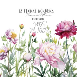 Watercolor Floral Peonies Wildflowers Borders Clipart Bundle,commercial ...