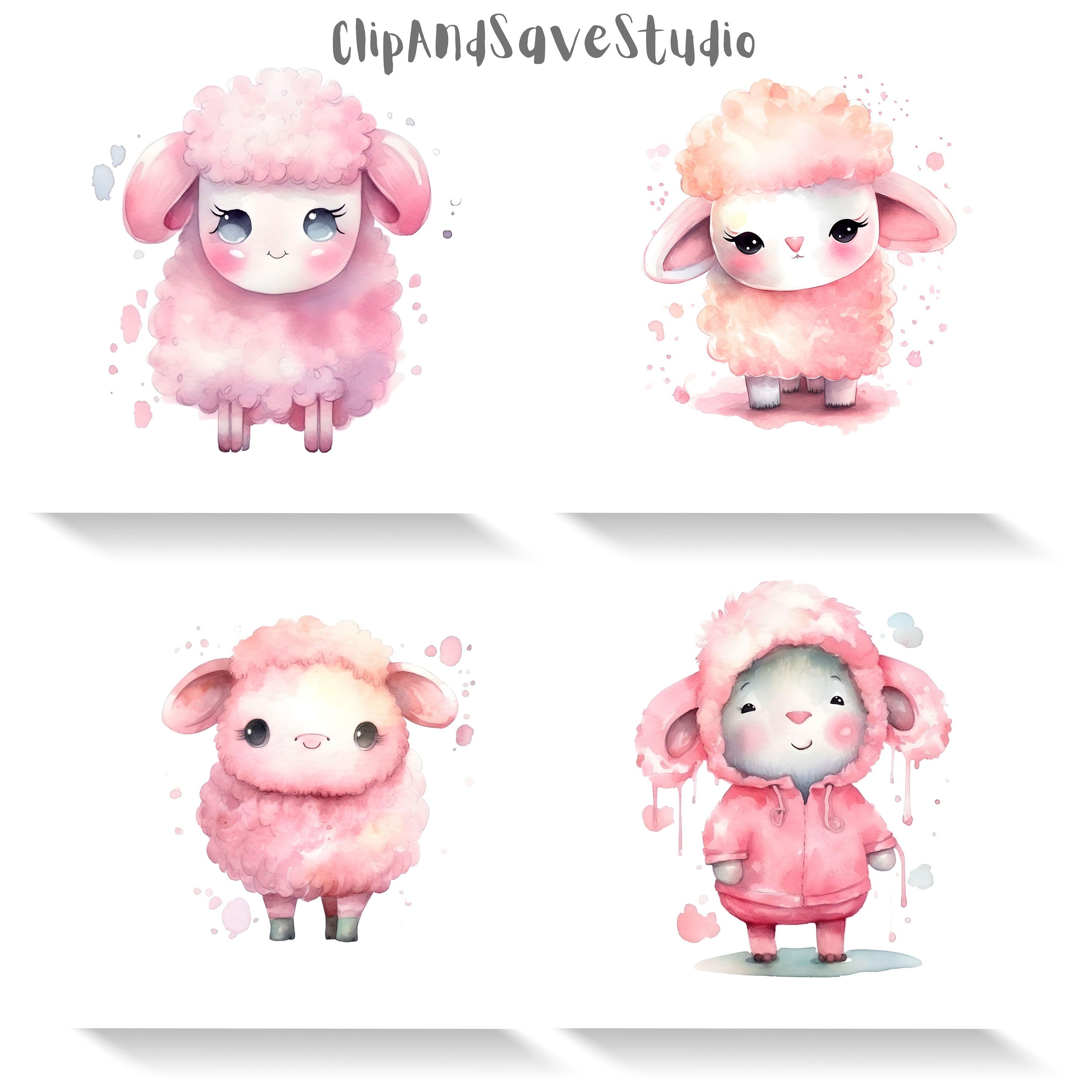 Watercolor Commercial Use Clipart Cute Pink Sheep Clip Art Set,pink ...