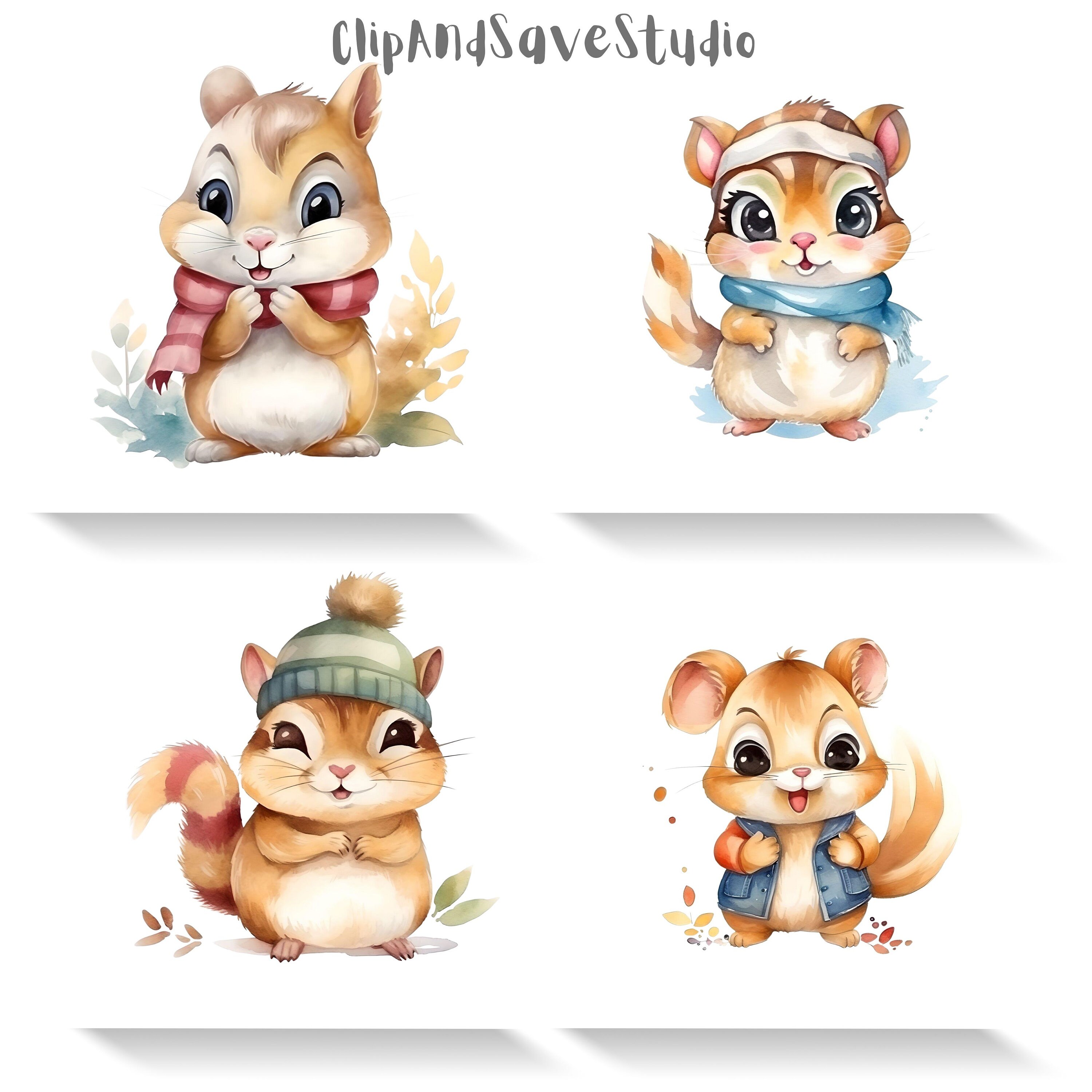 Watercolor Cute Kawaii Chipmunks Clipart Bundle,commercial Use Png ...