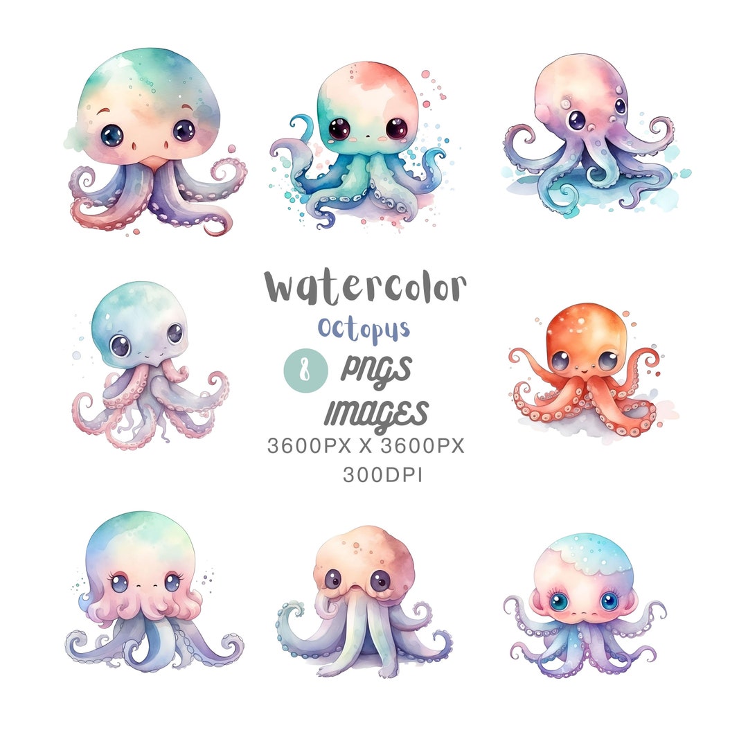 Watercolor Cute Kawaii Octopus Clipart Bundle Commercial Use - Etsy