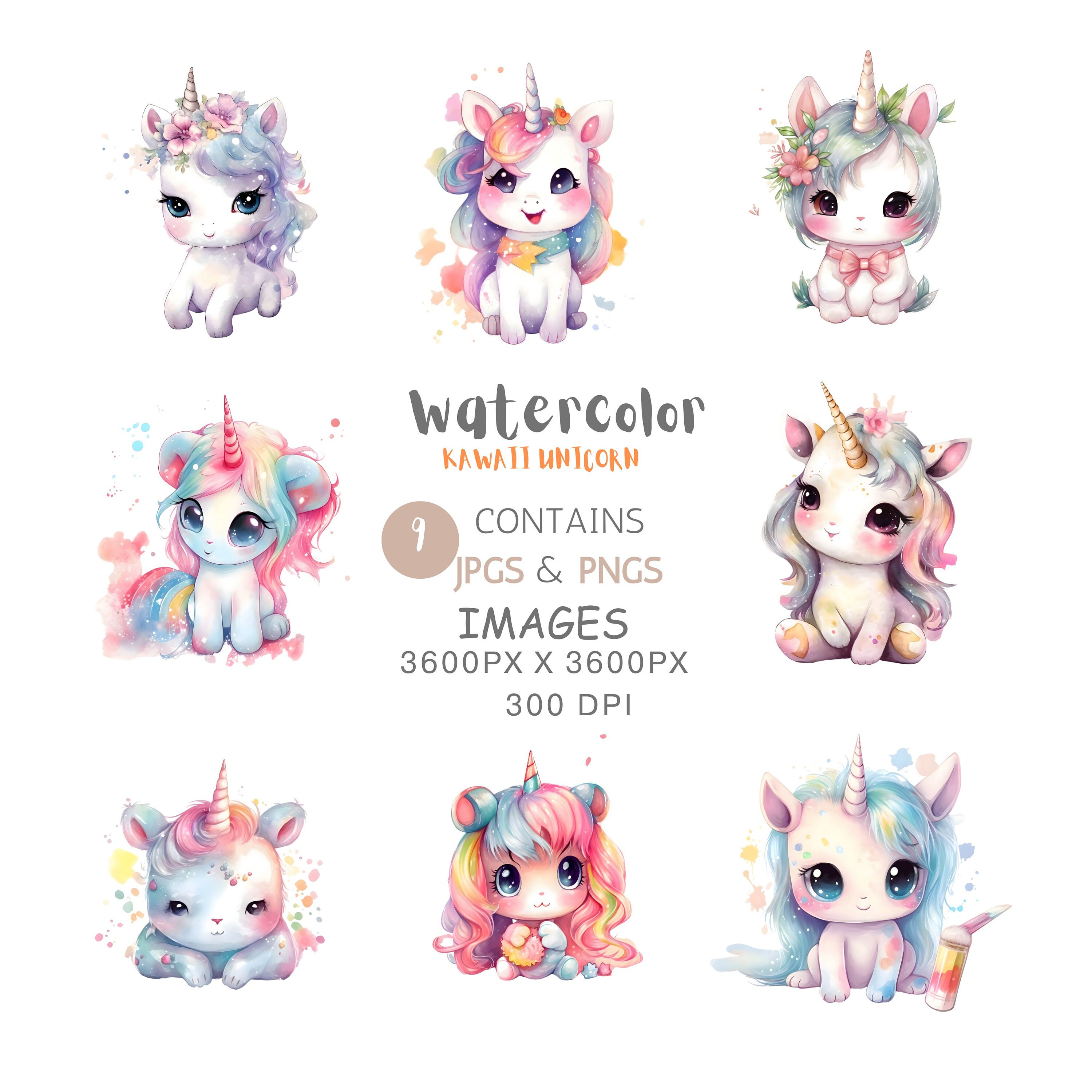 Charming Watercolor Kawaii Unicorn Clipart Bundle Commercial Use ...
