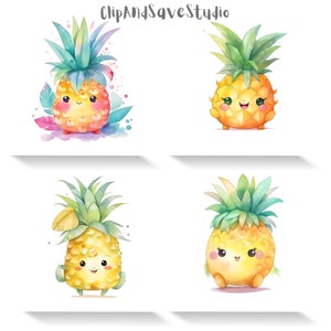 Watercolor Cute Kawaii Summer Pineapple Clipart Bundle, Commercial Use ...