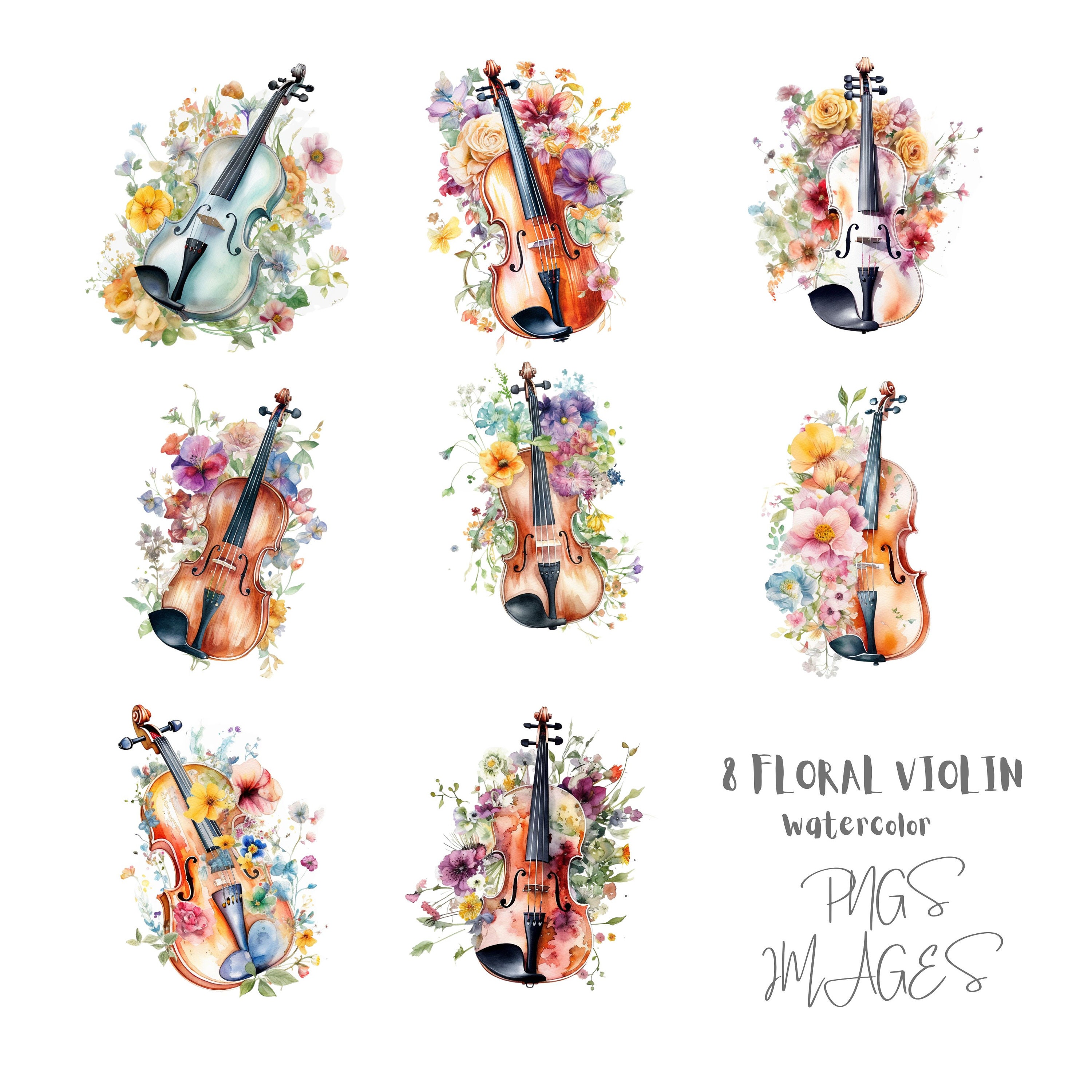 Watercolor, Floral, Violin, Clipart, Bundle, Commercial Use ...