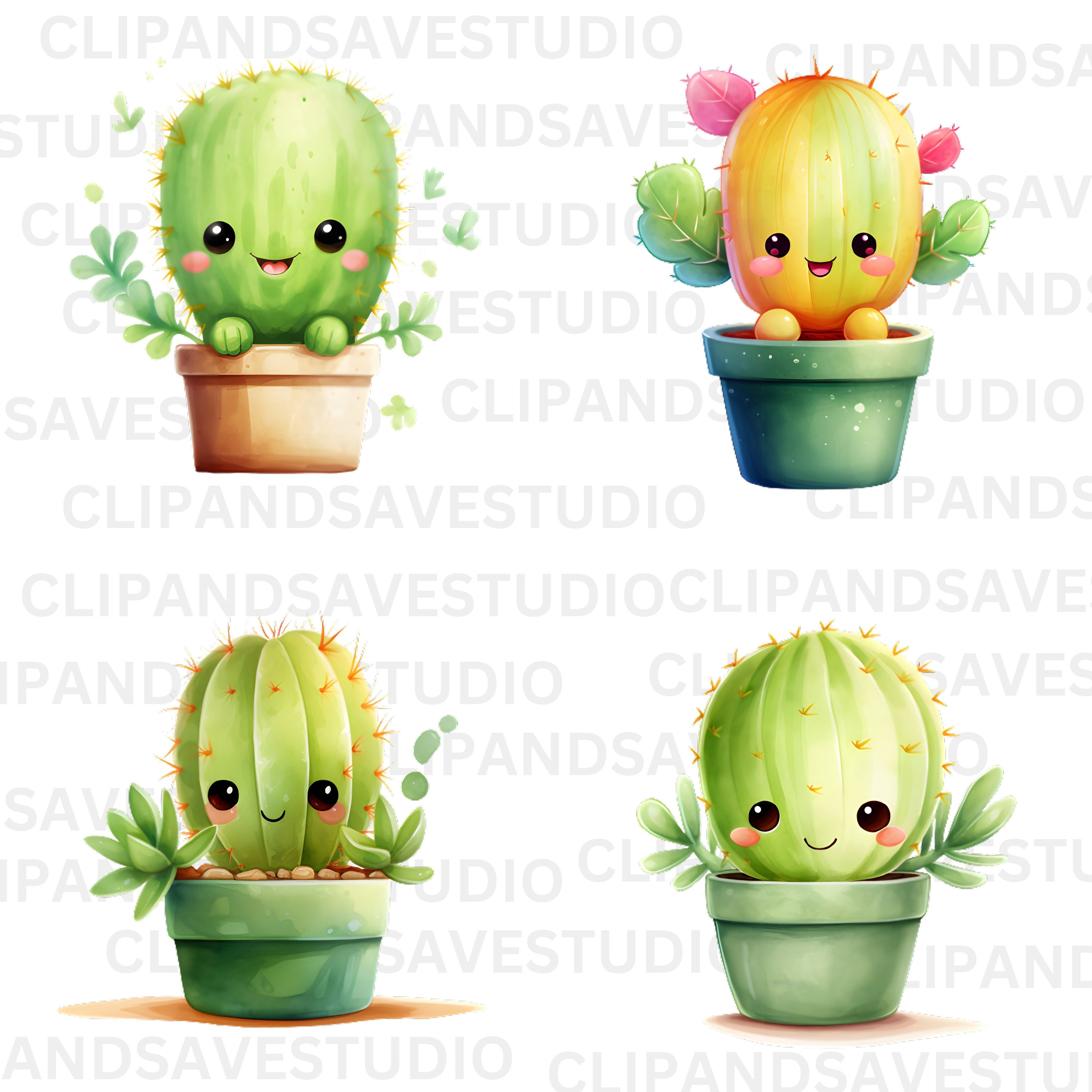 Watercolor Kawaii Cactus Clipart Summer Spring DIY Stationery ...