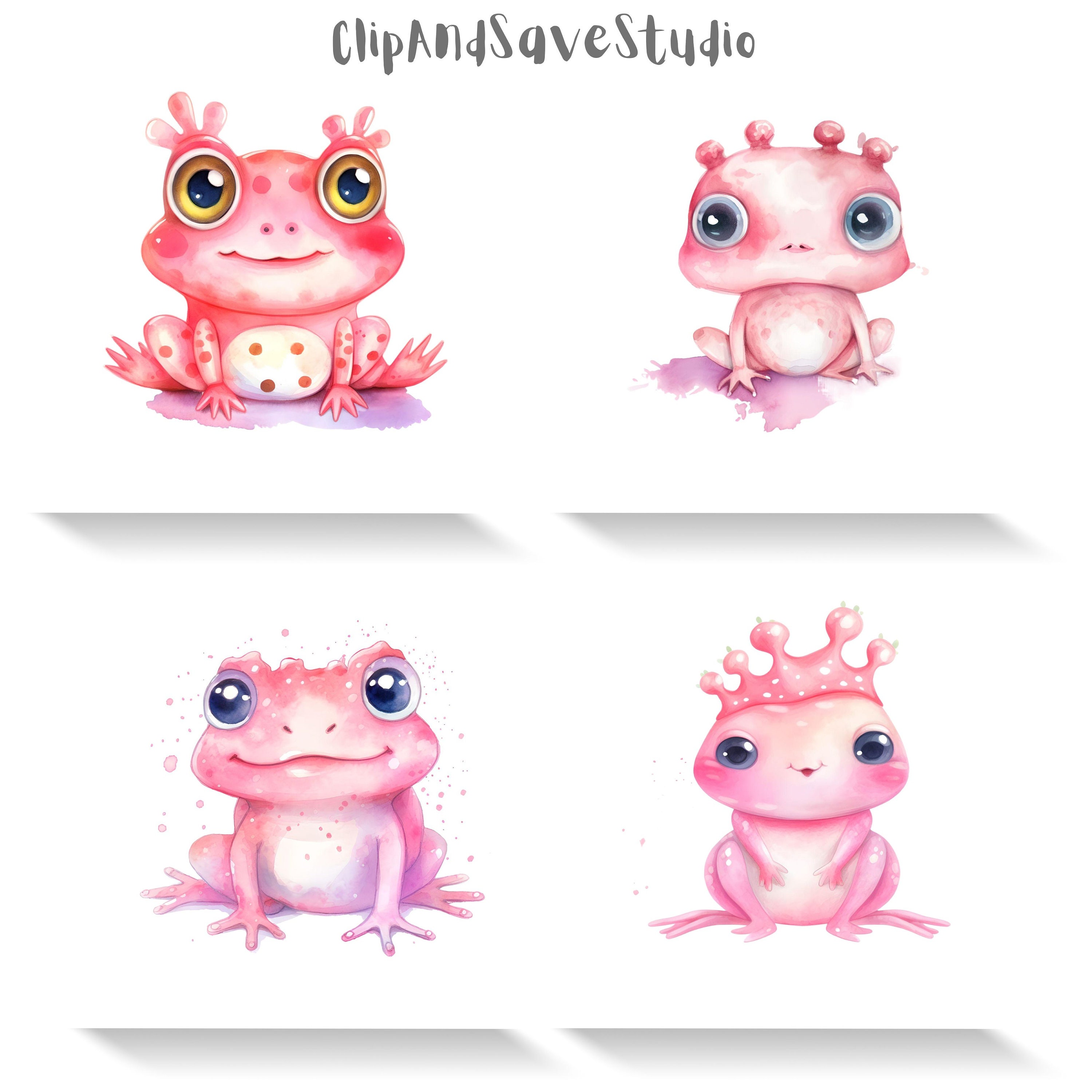 Watercolor Cute Kawaii Pink Frog Clipart Bundle Commercial Use PNG ...