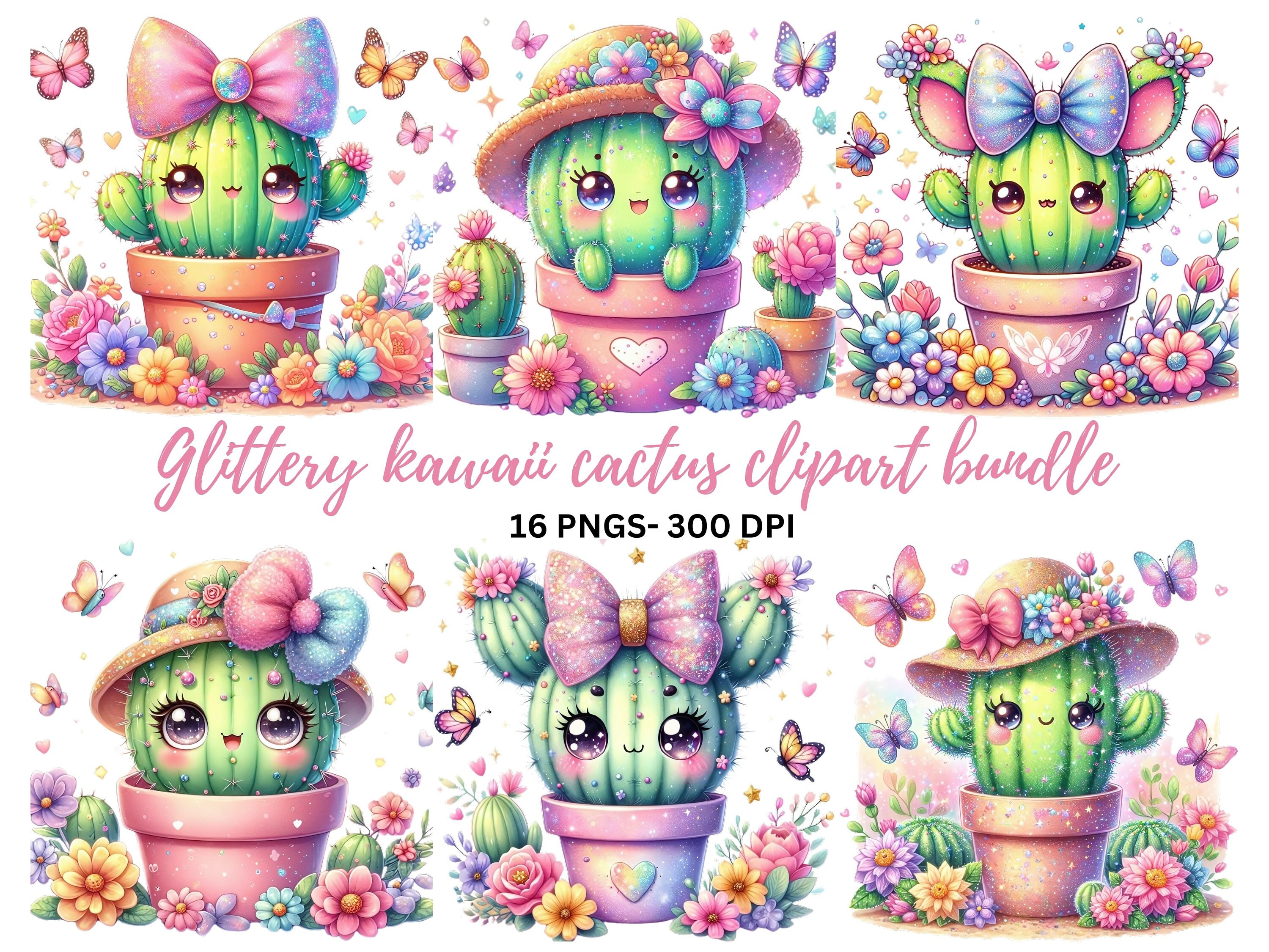 Spring Pastel Watercolor Clipart Bundle Glittery Kawaii Succulent ...