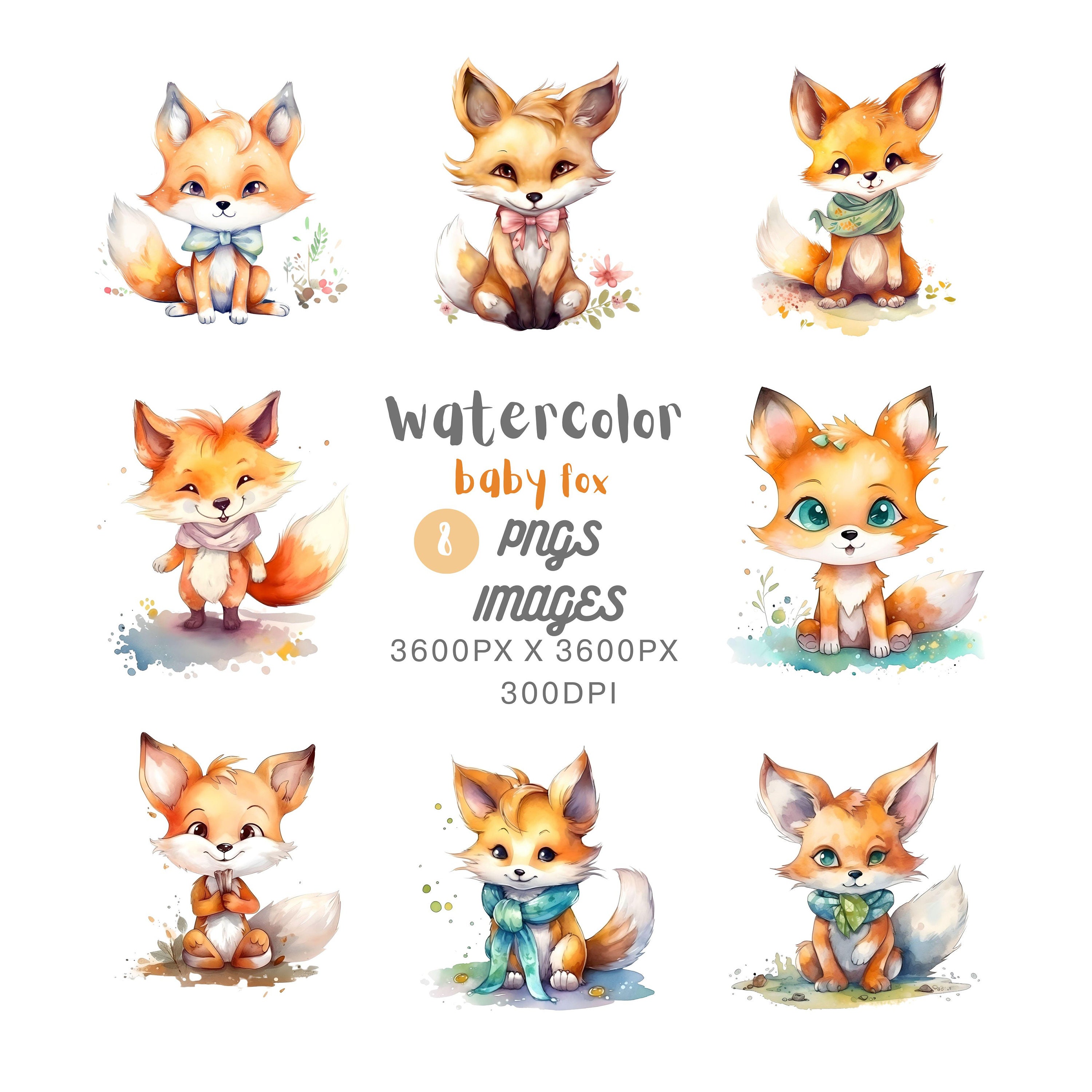 Commercial Use Watercolor Cute Kawaii Fox Clipart Bundle Adorable ...