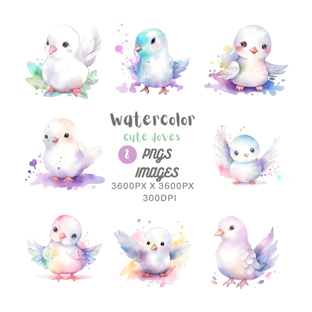Watercolor Cute Kawaii Dove Clipart Bundle for Commercial Use PNG Files ...