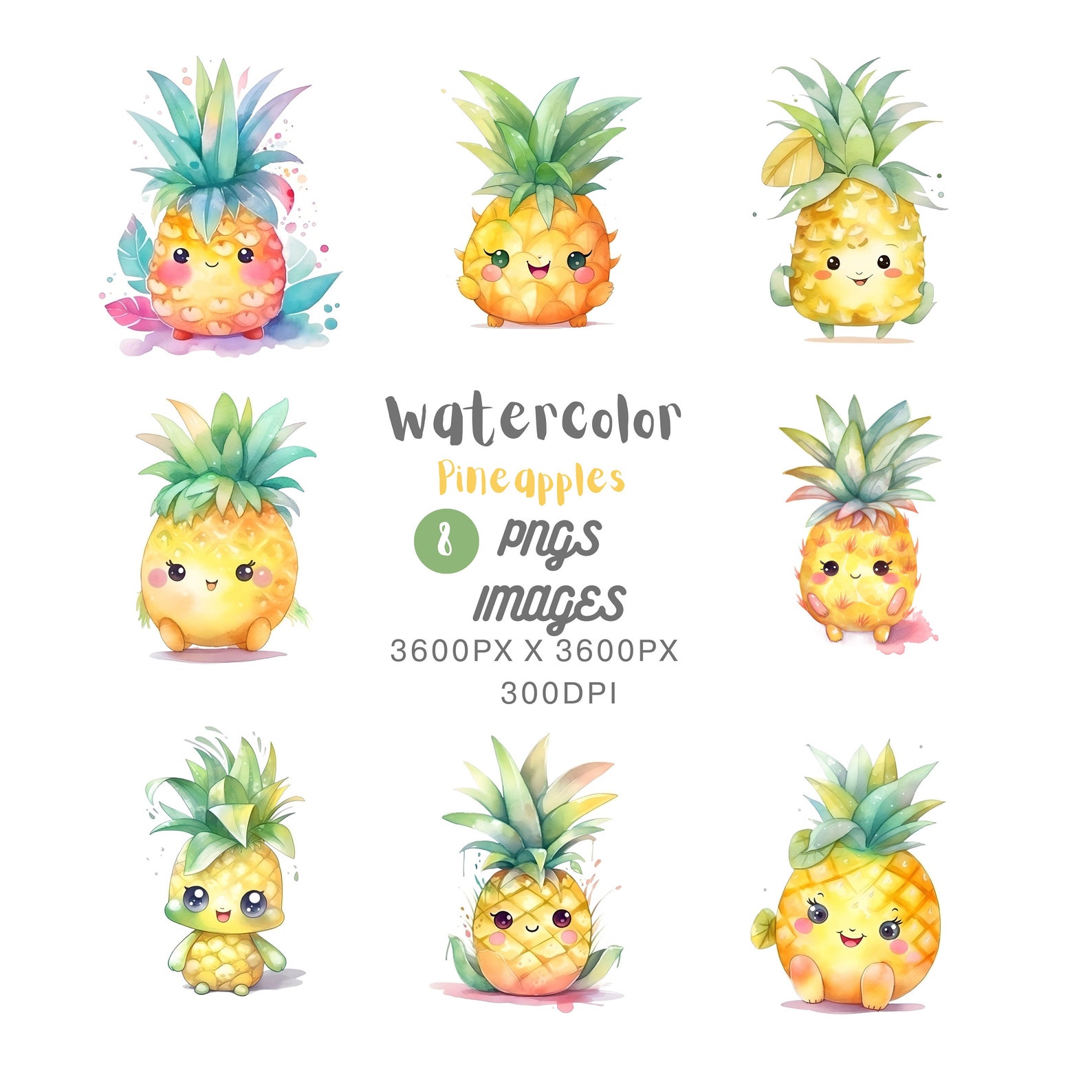 Watercolor Cute Kawaii Summer Pineapple Clipart Bundle, Commercial Use ...