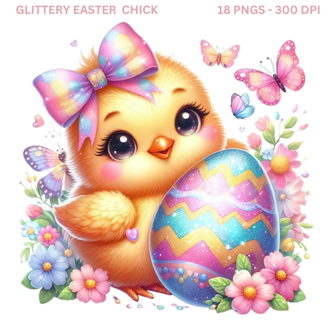 Pastel Easter Glittery Chick Hugging Egg Clipart Bundle Watercolor PNG ...