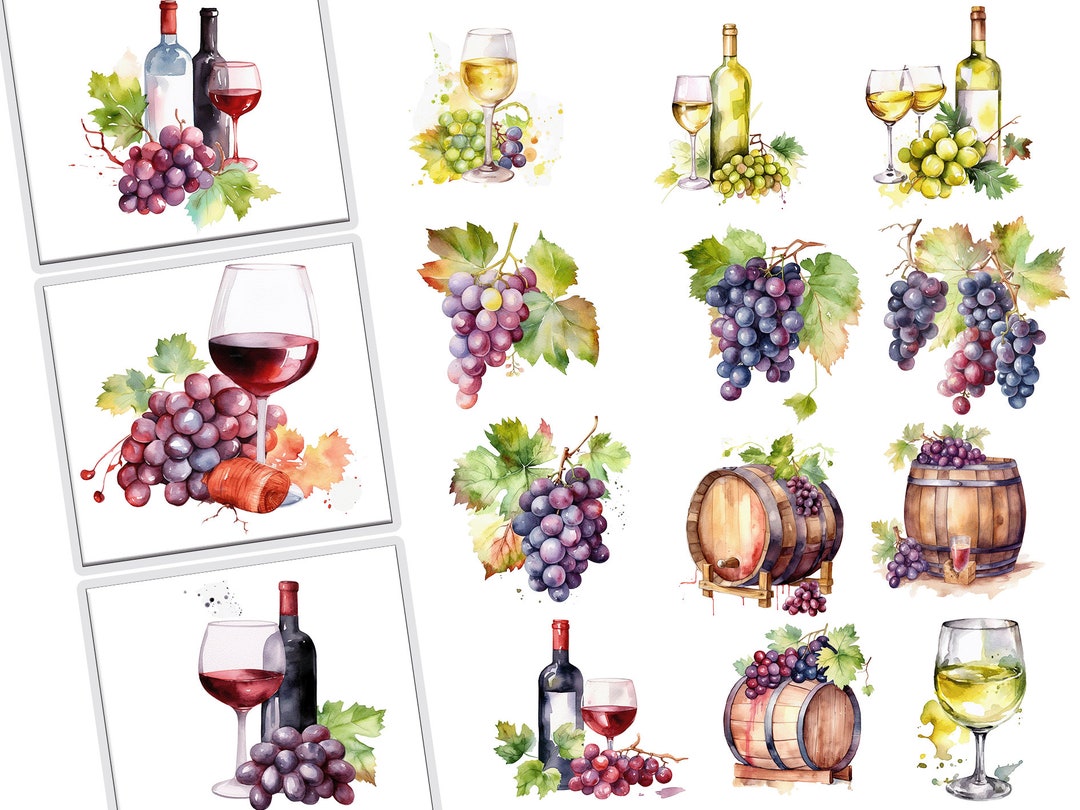 Watercolor Wine Set Clipart Bundle, Wine Glass Bottle Grapes Clip Art ...