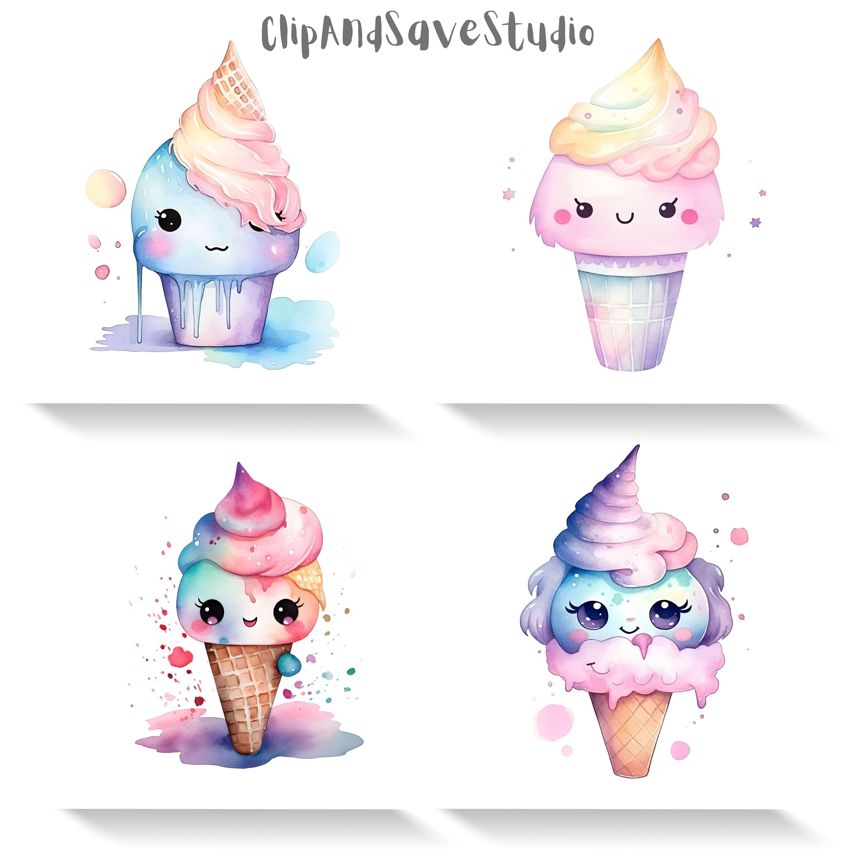 Watercolor Cute Kawaii Ice-cream Clipart Bundle Commercial - Etsy