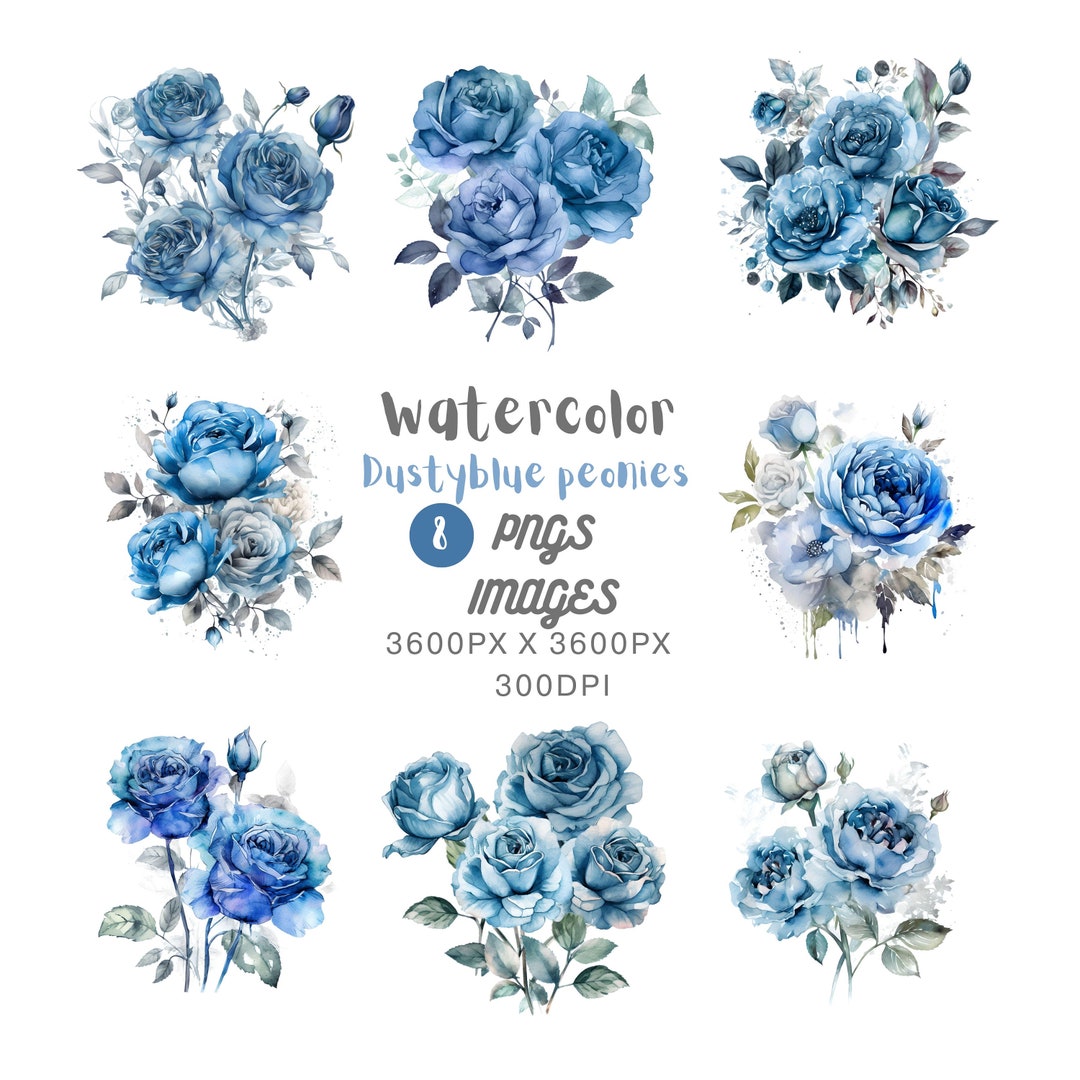 Watercolor Peony Clipart, Dusty Blue Floral Elements, Commercial Use ...