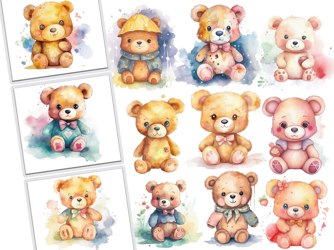 Cute Watercolor Teddy Bear Clipart Bundle for Crafting, Scrapbooking ...