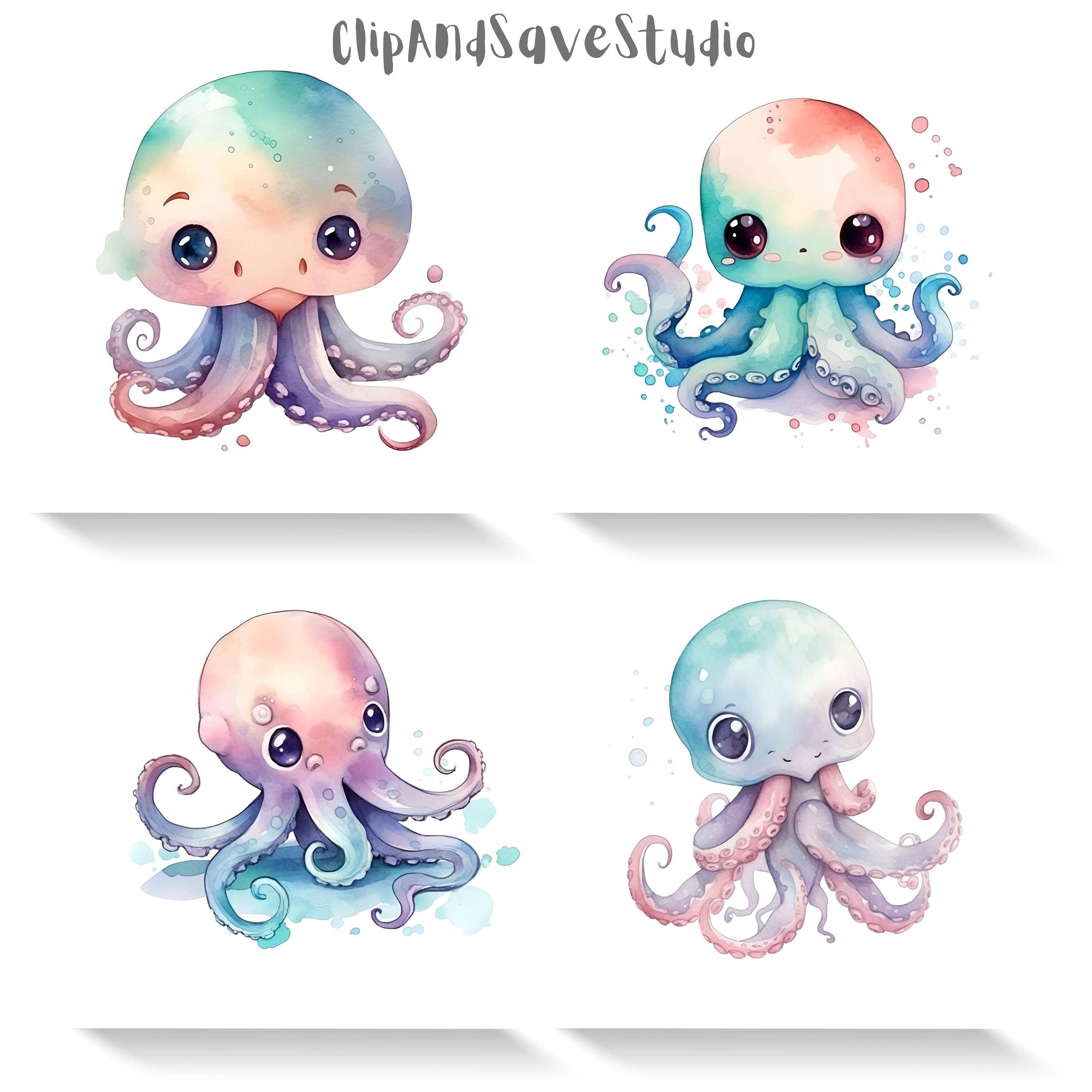 Watercolor Cute Kawaii Octopus Clipart Bundle Commercial Use - Etsy