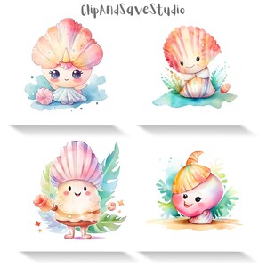 Watercolor Cute Kawaii Summer Seashell Clipart Bundle, Commercial Use ...