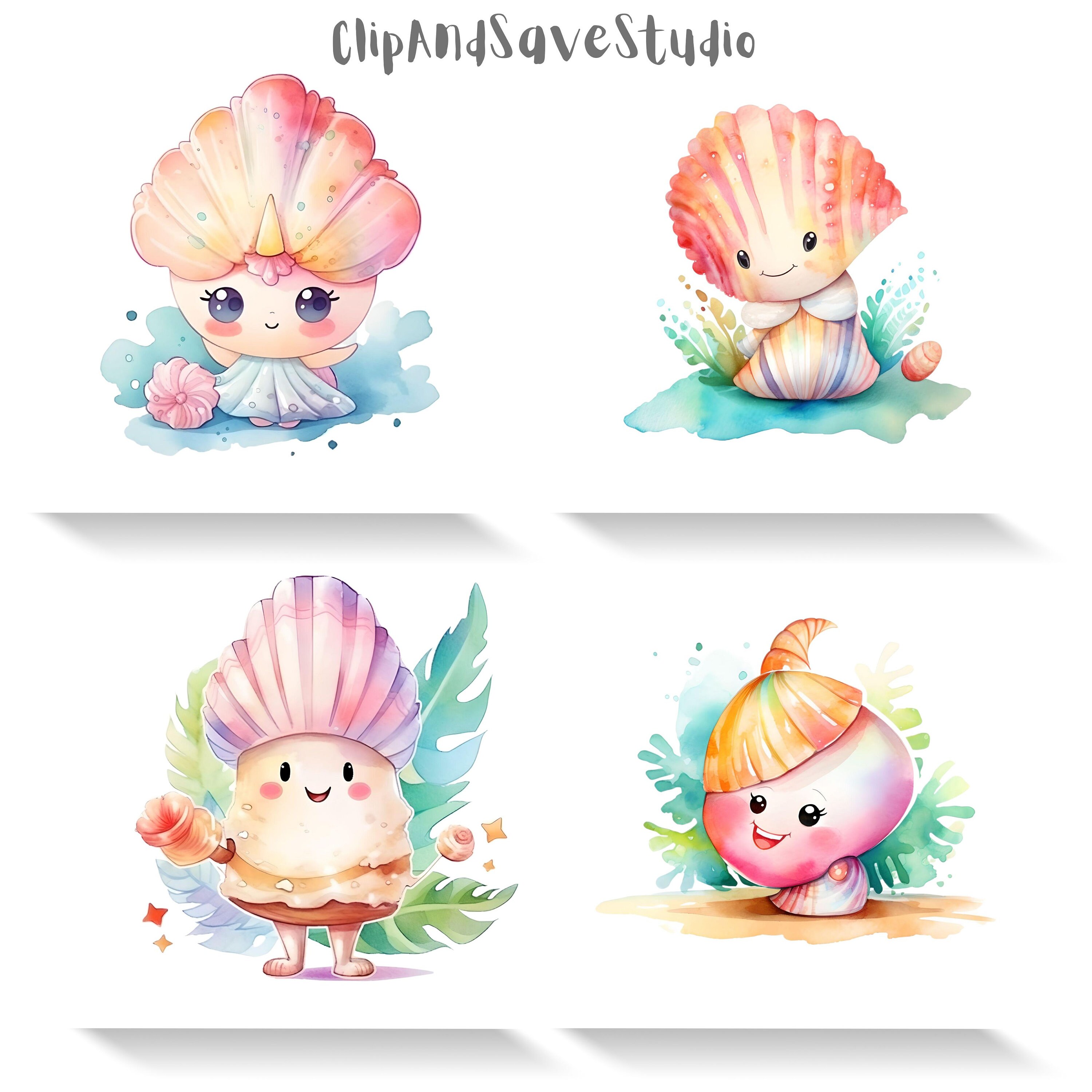 Watercolor Cute Kawaii Summer Seashell Clipart Bundle, Commercial Use ...