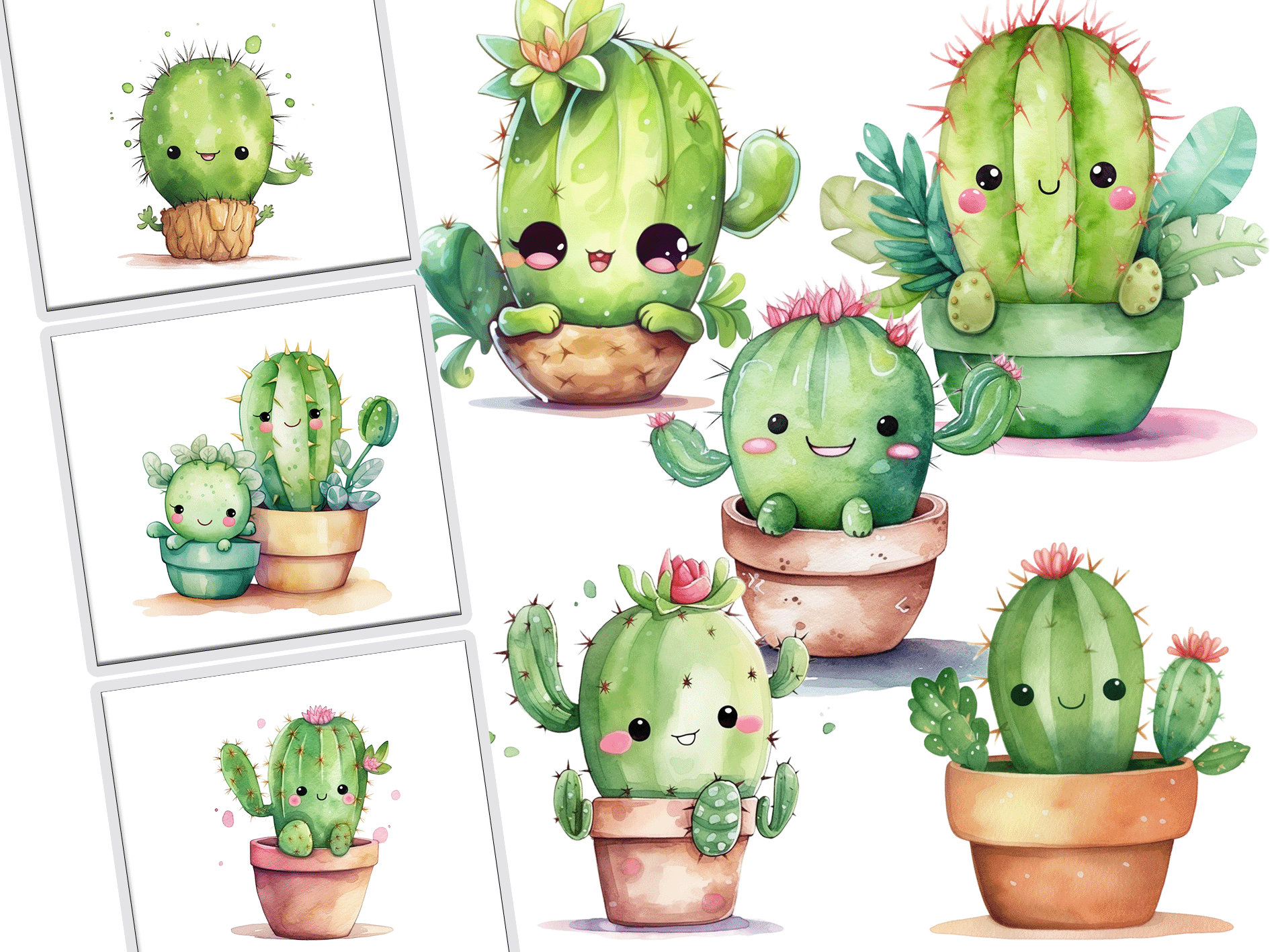 Cute Watercolor Kawaii Cactus Clipart Bundle for Commercial - Etsy