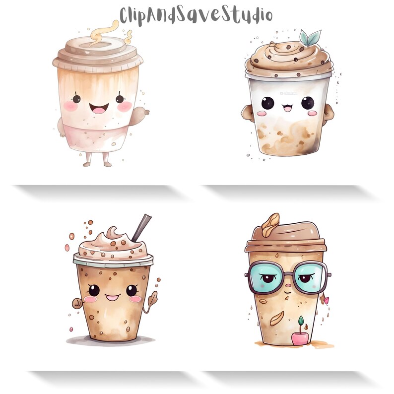 Watercolor Cute Kawaii Coffee Clipart Bundlecommercial - Etsy