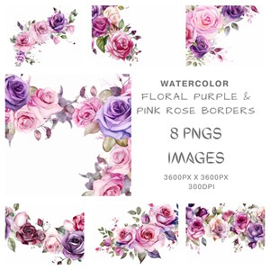 Watercolor, Floral, Clipart, Bundle, Purple, Pink, Roses, Borders ...