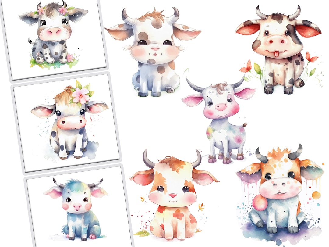 Cute Watercolor Kawaii Cow Clipart Bundle for Commercial Use,farm ...