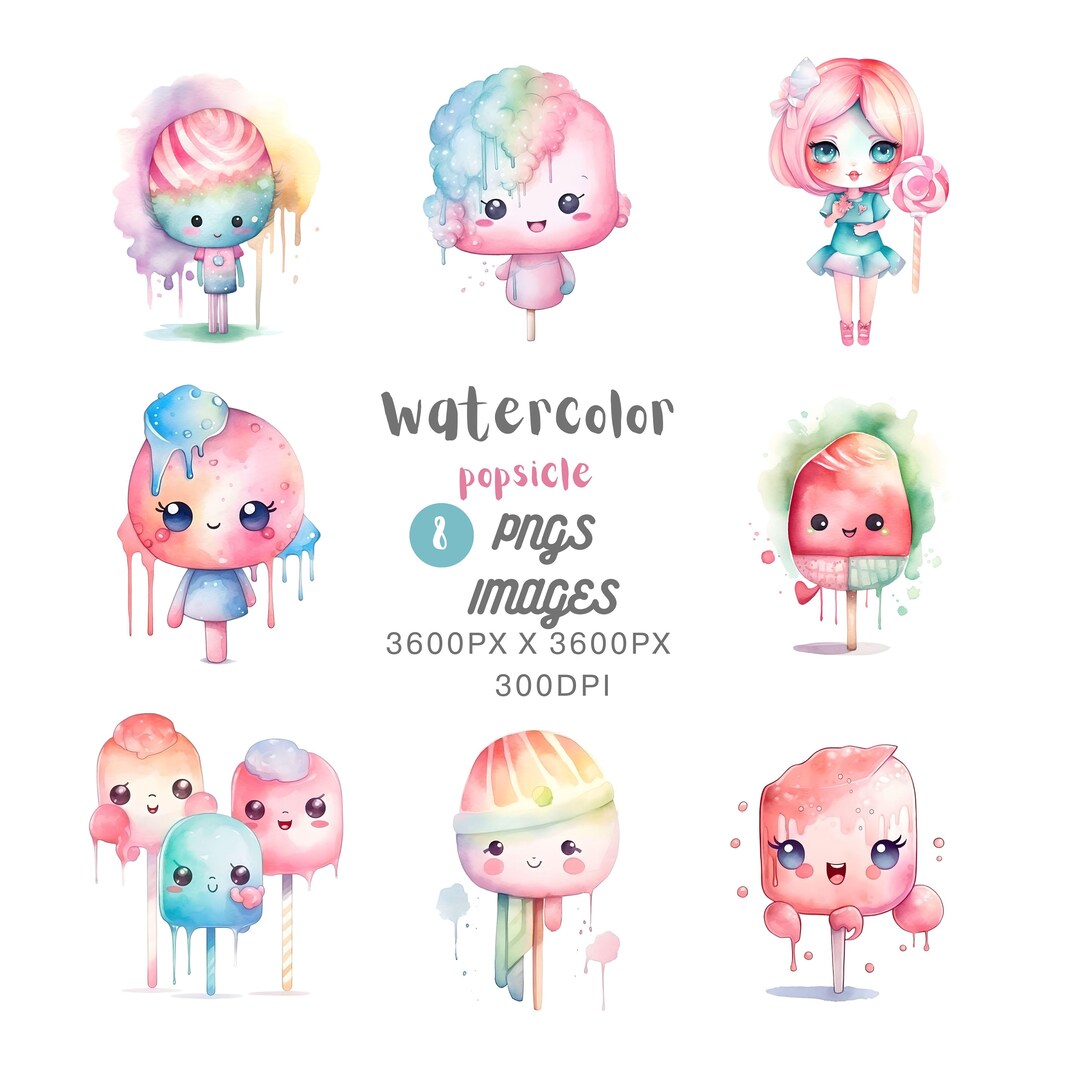 Watercolor Cute Kawaii Summer Popsicle Clipart Bundle - Etsy