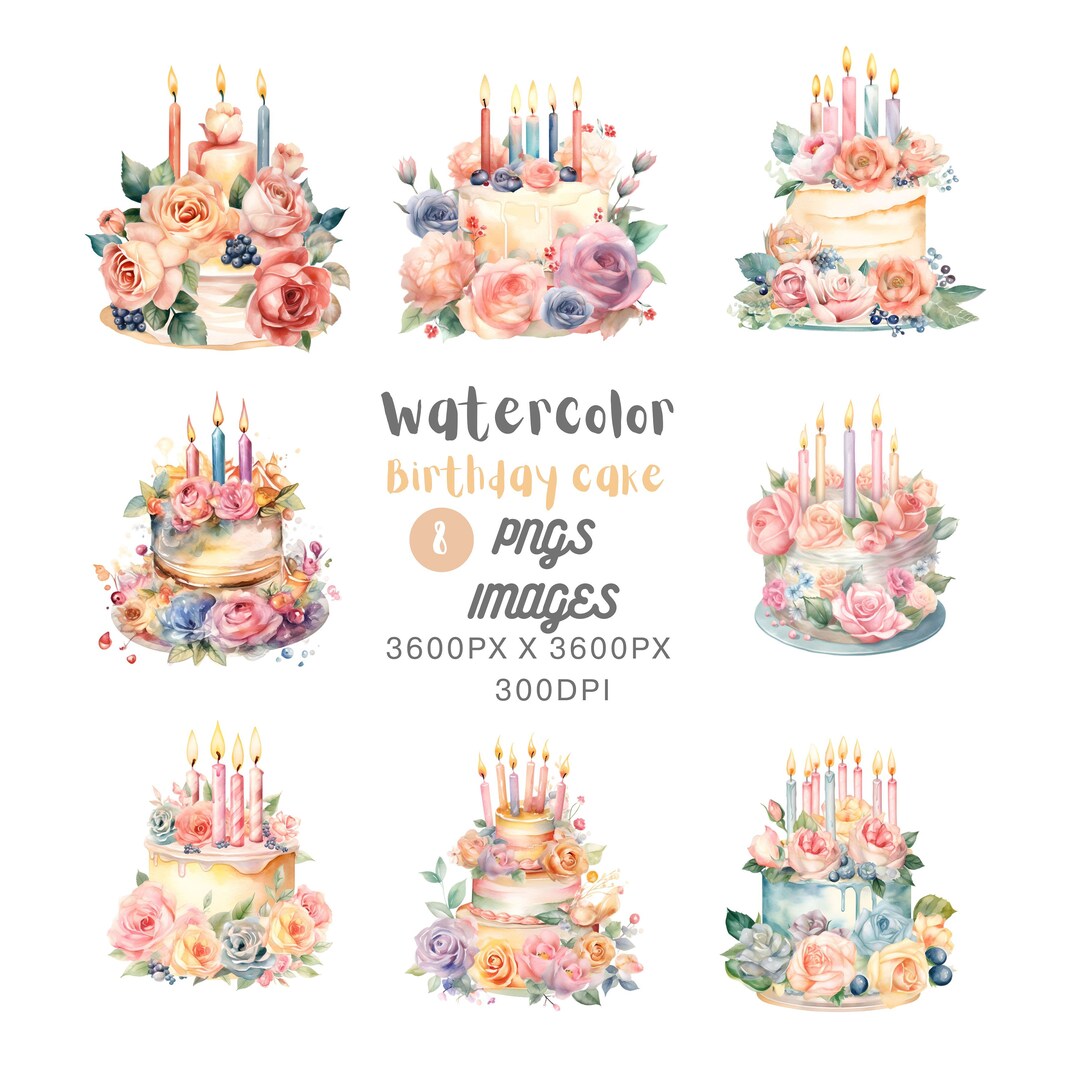 Watercolor Floral Birthday Cake Clipart Bundle,commercial Use,party ...