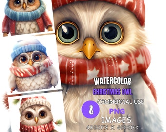 Watercolor Christmas Owl Clipart High Quality Png Cute Owl - Etsy