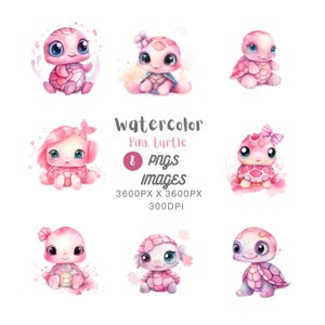 Watercolor Cute Kawaii Pink Turtle Clipart Bundle for Commercial Use ...