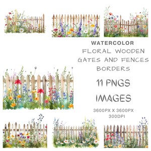 Watercolor, Floral, Clipart, Bundle, Wooden, Fence, Gate, Borders ...