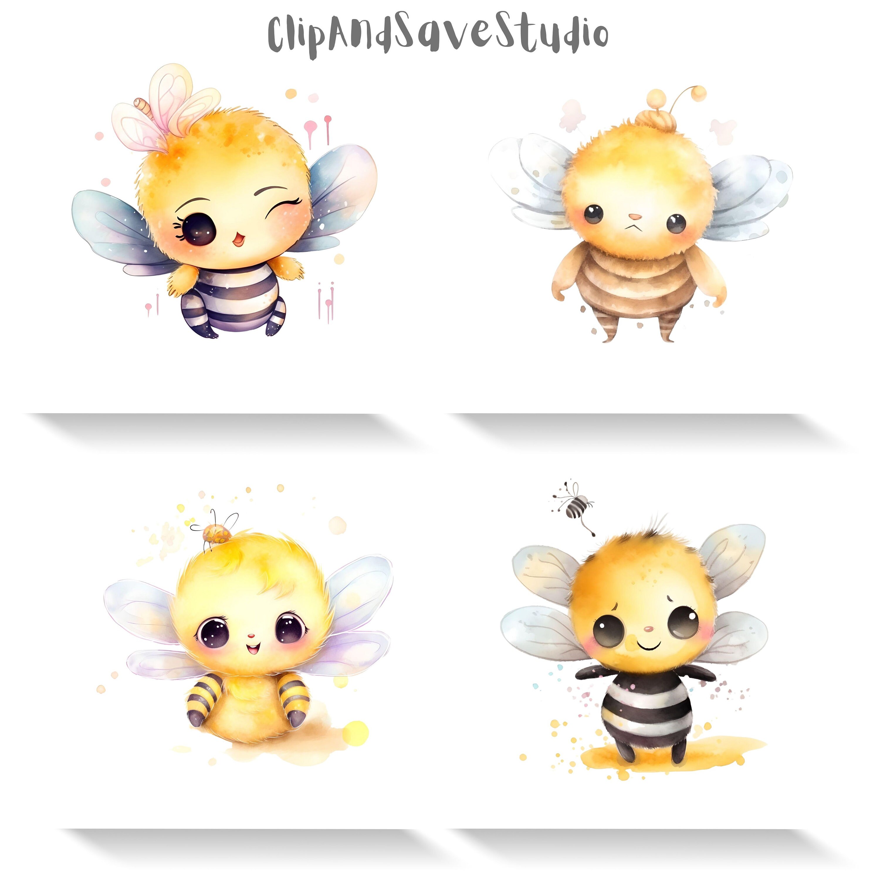 Cute Watercolor Kawaii Bee Clipart Bundle for Commercial Use Instant ...