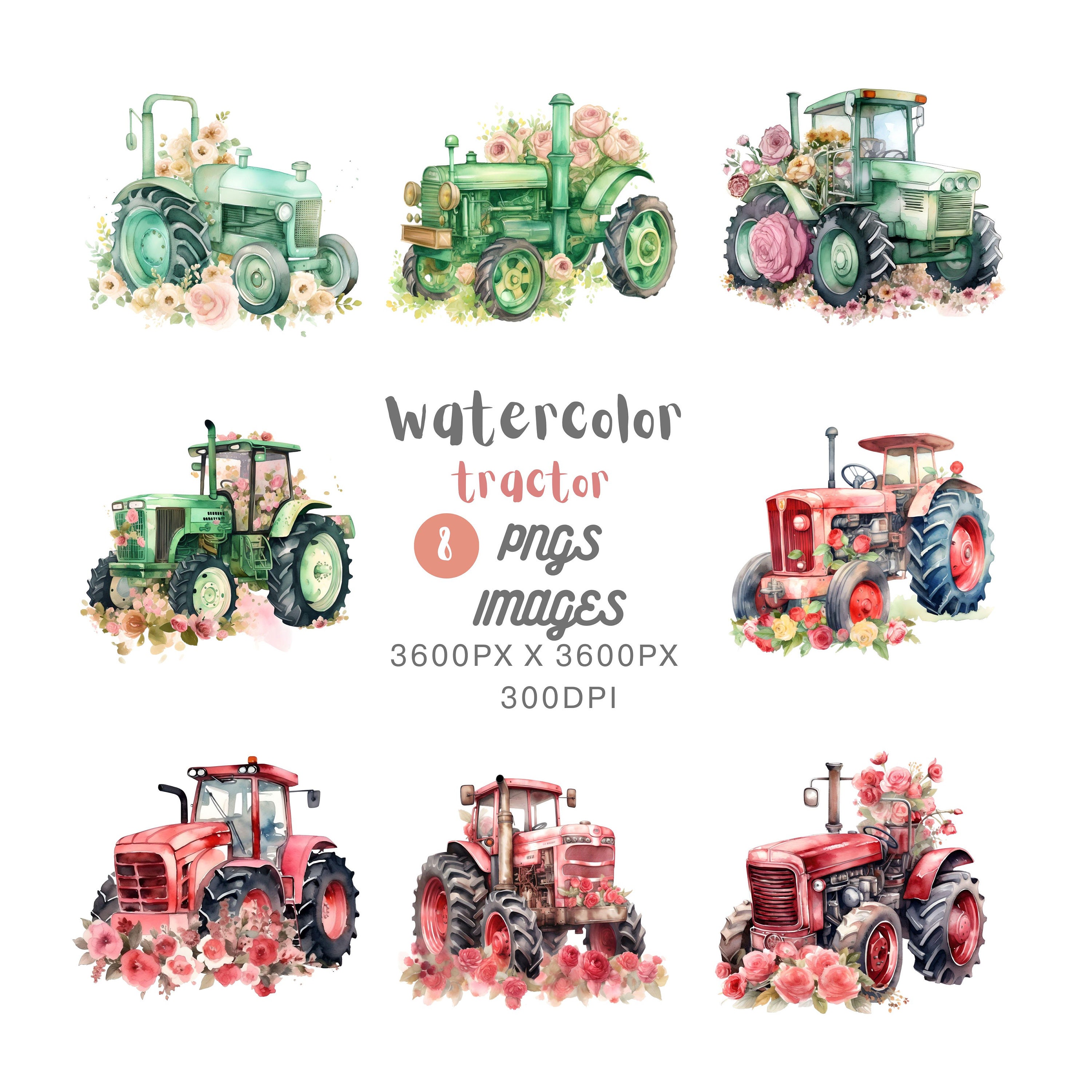 Watercolor Floral Tractor Clipart Bundle Commercial Use PNG Files ...