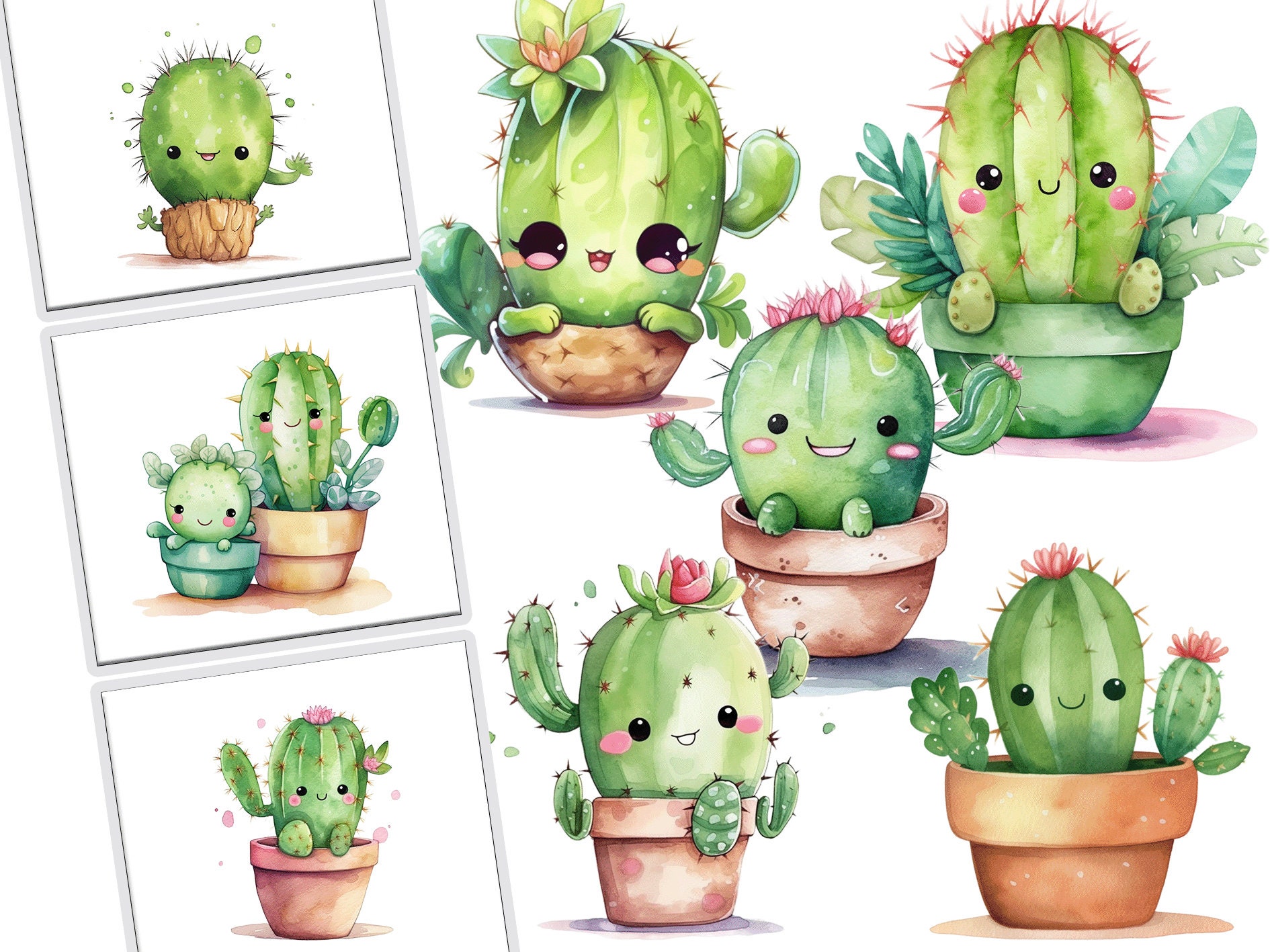 Cute Watercolor Kawaii Cactus Clipart Bundle for Commercial - Etsy