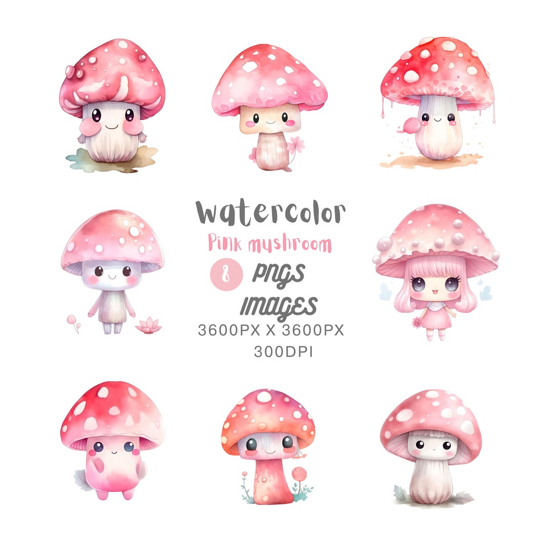 Watercolor Cute Pink Mushroom Clipart Bundle,commercial Use,pink ...