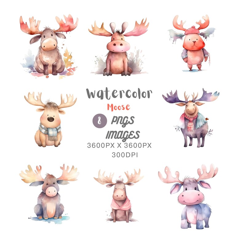 Watercolor Cute Kawaii Moose Clipart Bundle,commercial Use Png,animal ...