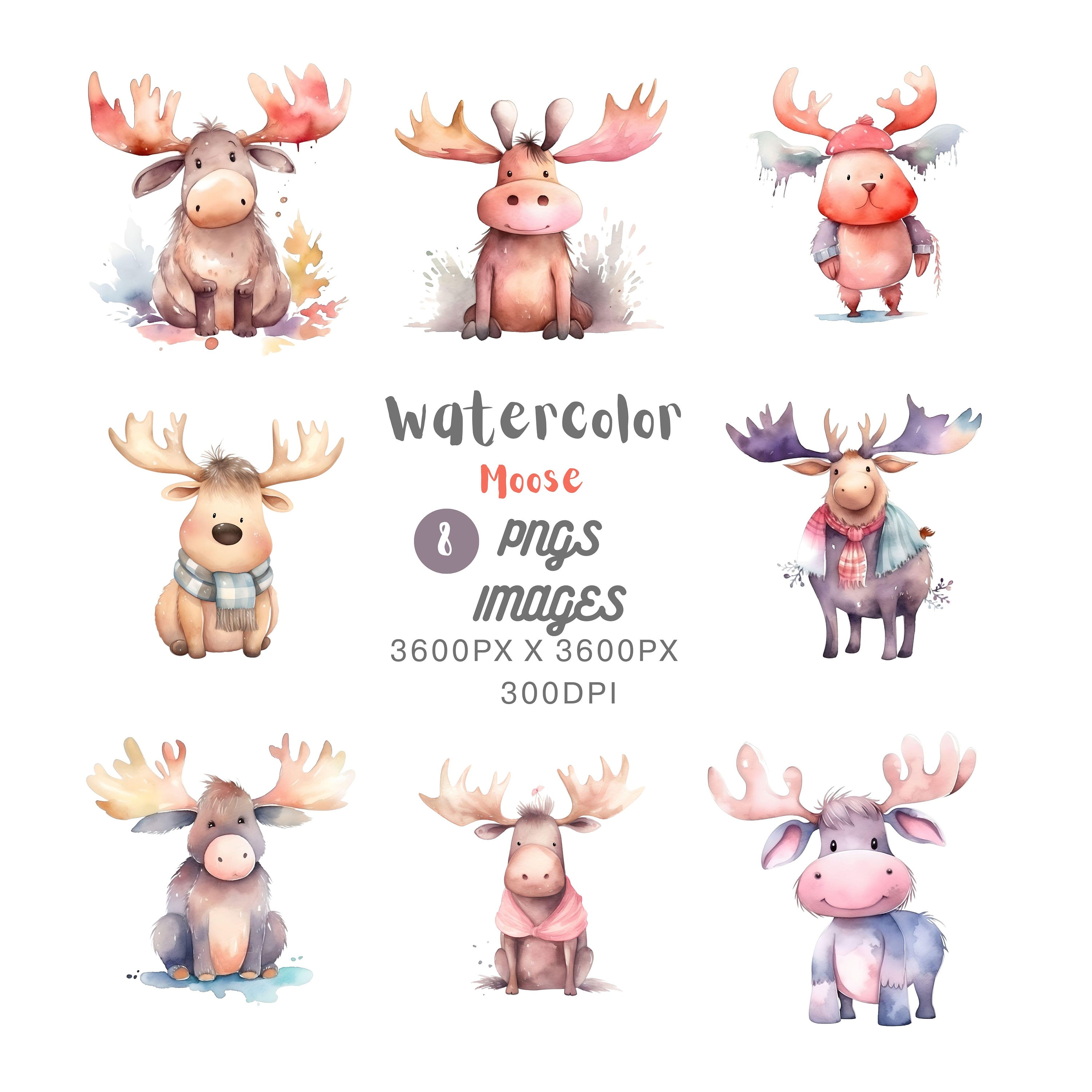 Watercolor Cute Kawaii Moose Clipart Bundle,commercial Use Png,animal ...