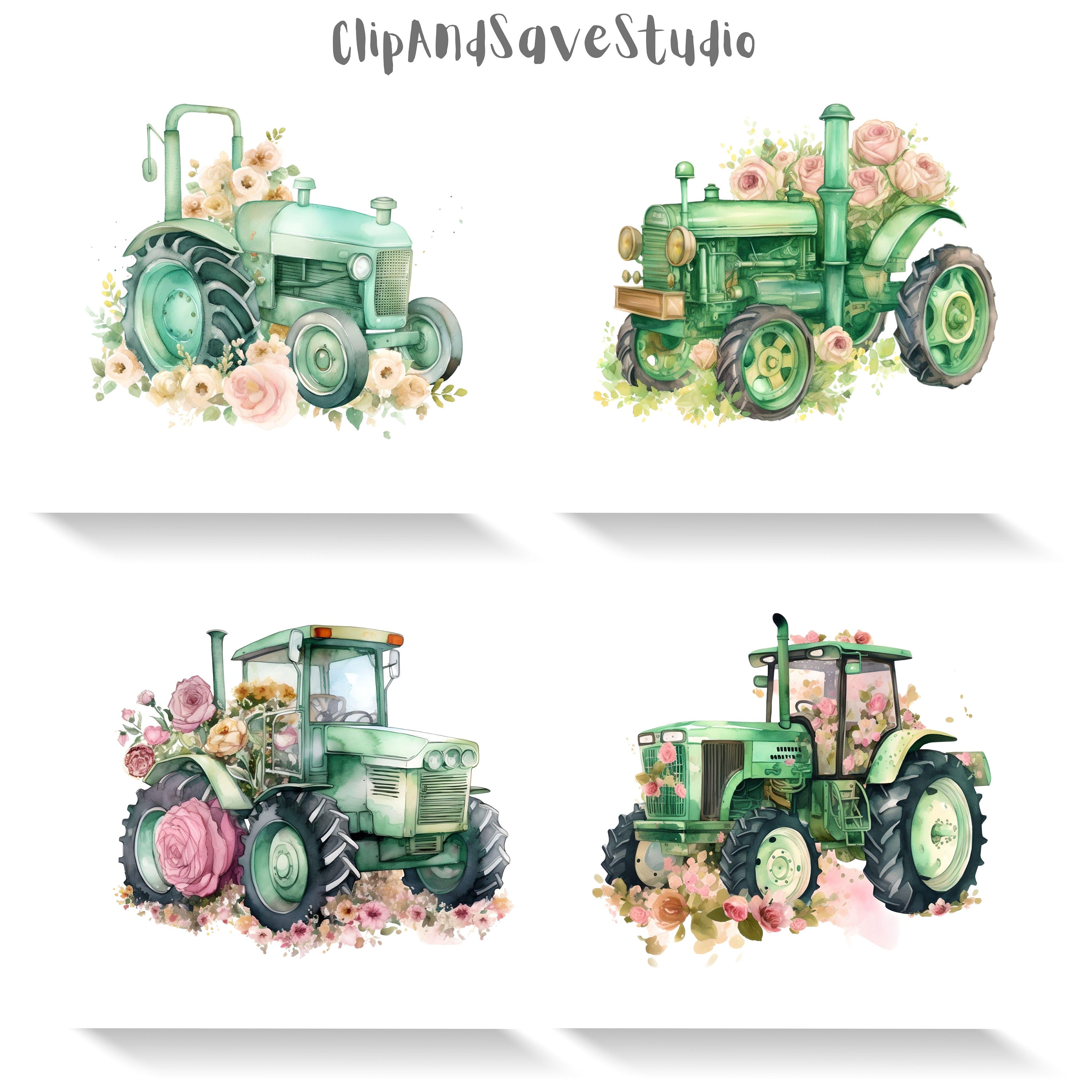 Watercolor Floral Tractor Clipart Bundle Commercial Use PNG Files ...