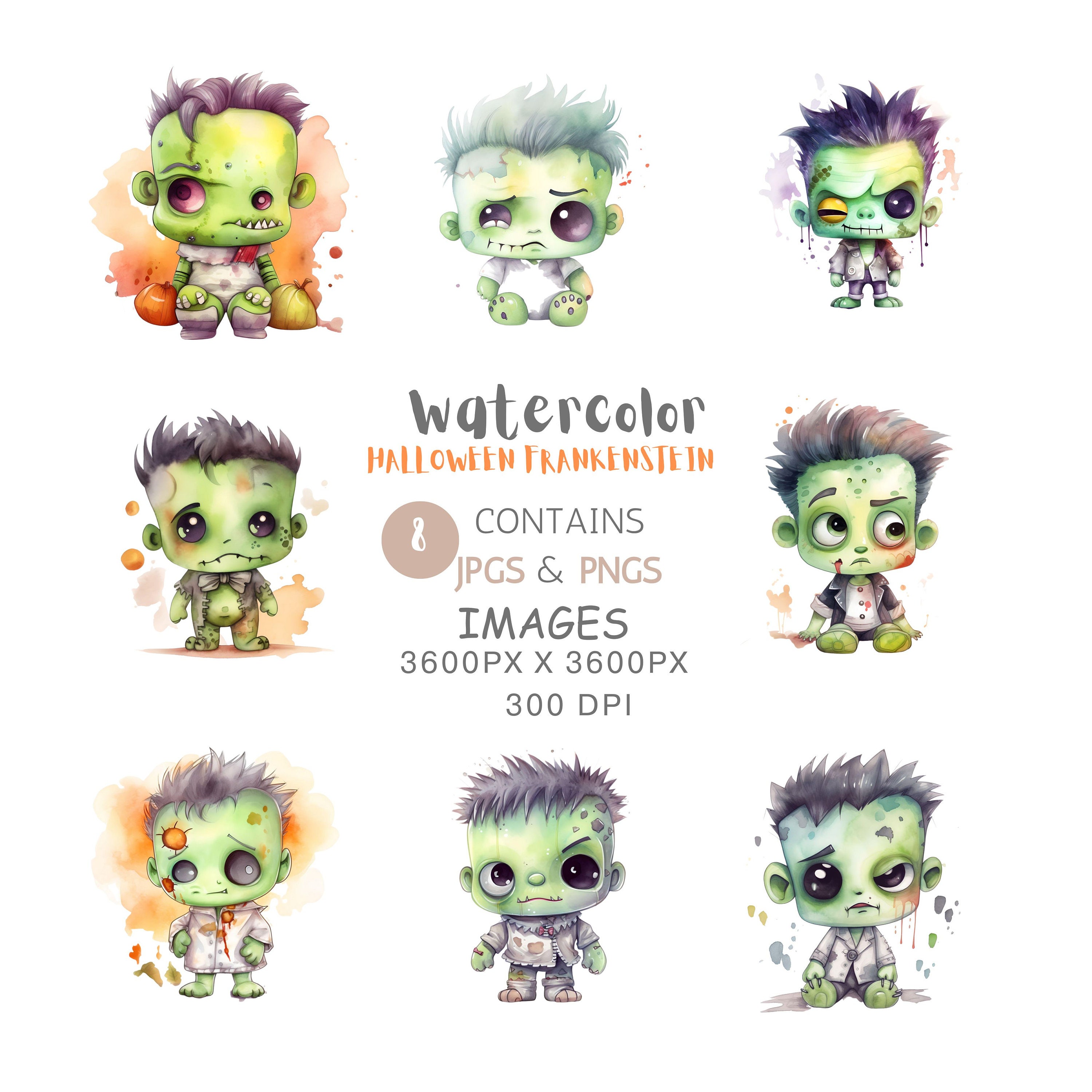 Watercolor Kawaii Halloween Frankenstein Clipart, Commercial Use ...