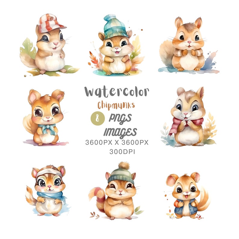 Watercolor Cute Kawaii Chipmunks Clipart Bundle,commercial Use Png ...
