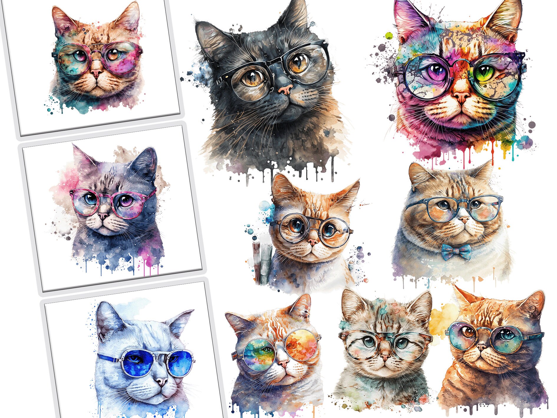 Watercolor Funny Cat Wearing Glasses Clipart Bundle Instant - Etsy