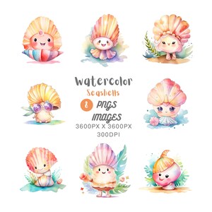 Watercolor Cute Kawaii Summer Seashell Clipart Bundle, Commercial Use ...