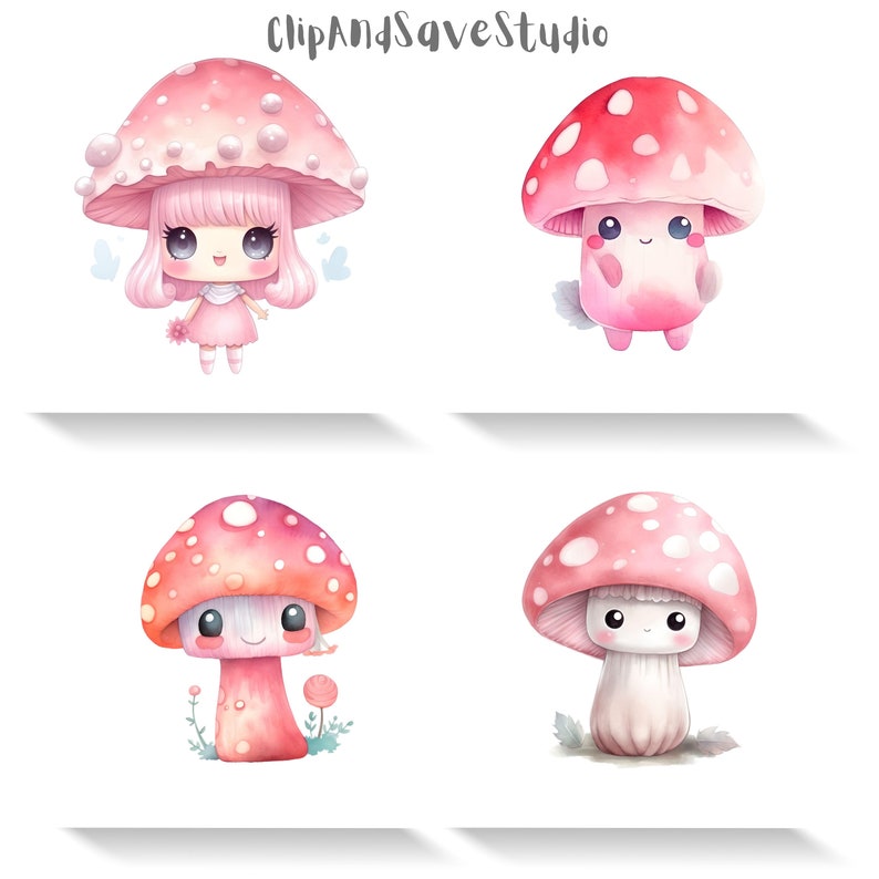 Watercolor Cute Pink Mushroom Clipart Bundle,commercial Use,pink ...