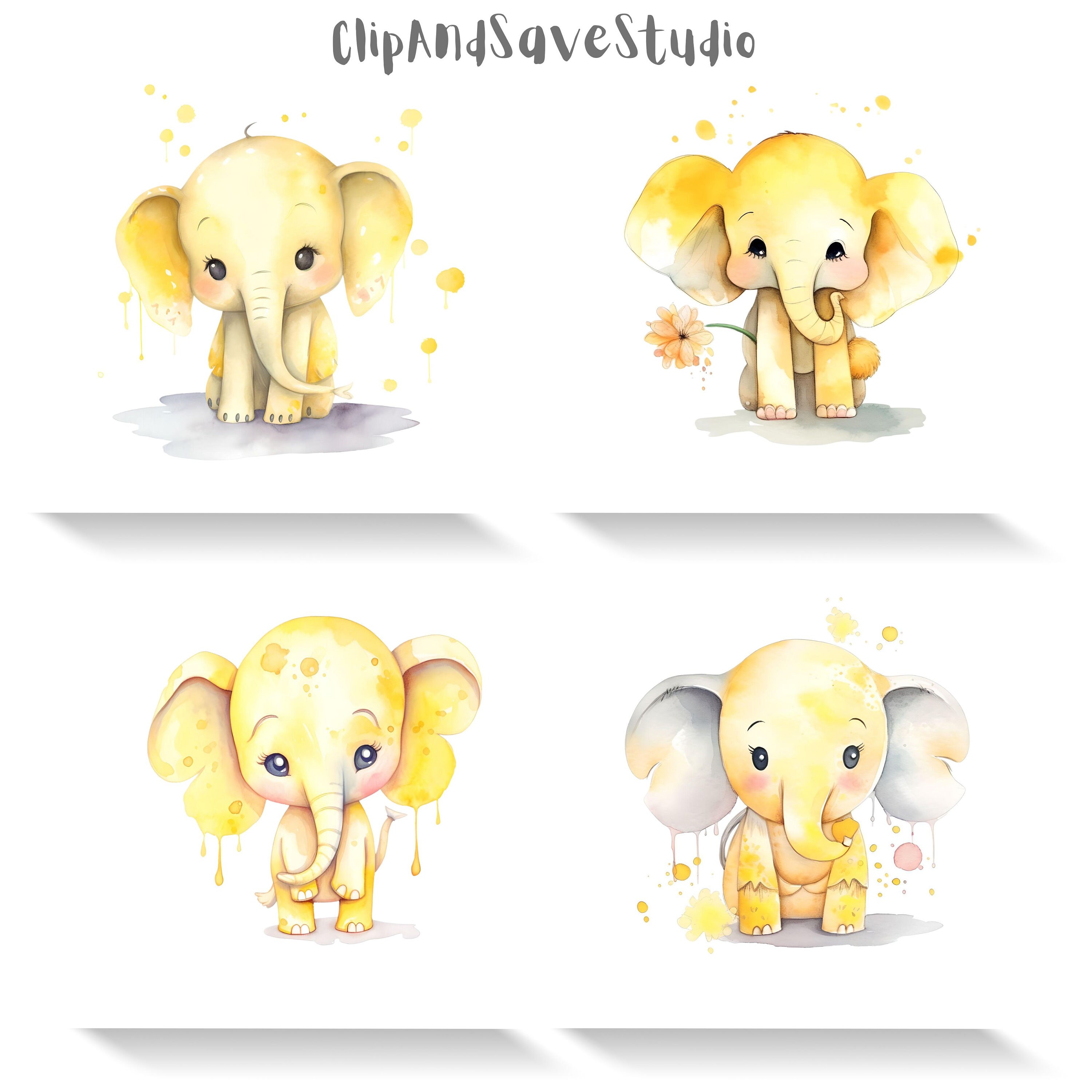 Watercolor Cute Yellow Elephant Clipart Bundlecommercial - Etsy