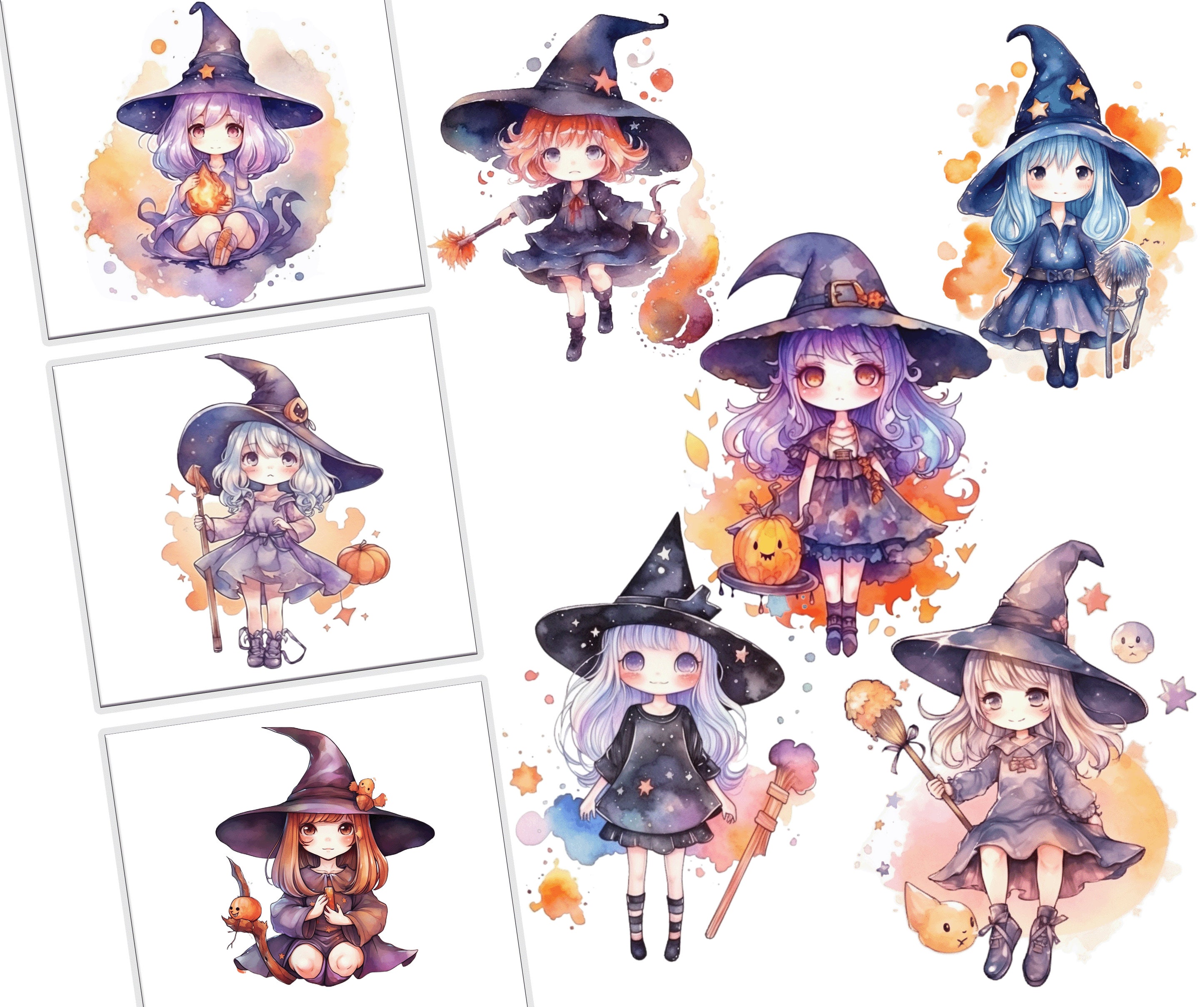 Cute and Magical Watercolor Kawaii Witch Clipart Bundle for - Etsy