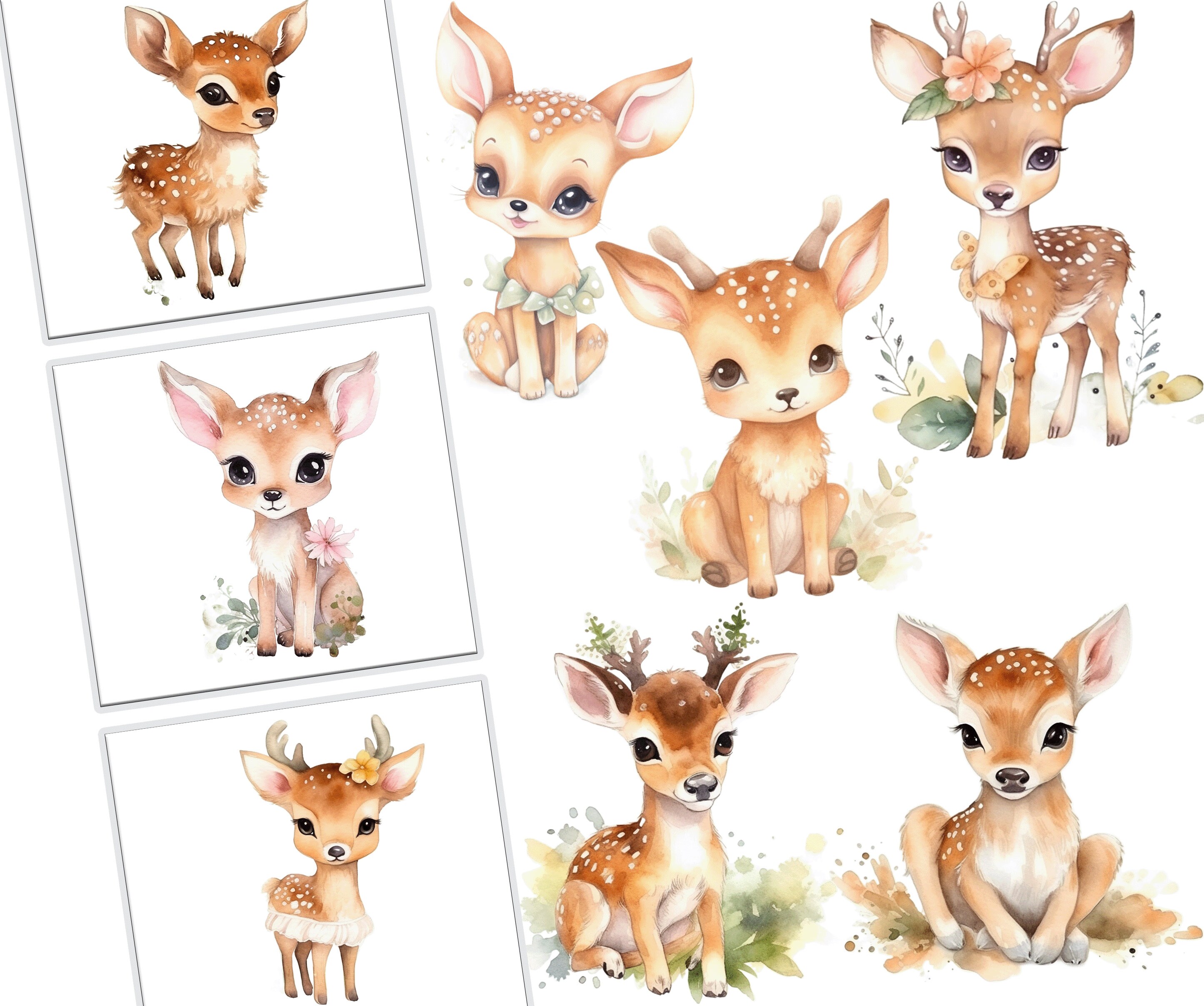 Watercolor Kawaii Fawn Clipart Bundlcommercial Use Cute Deer - Etsy